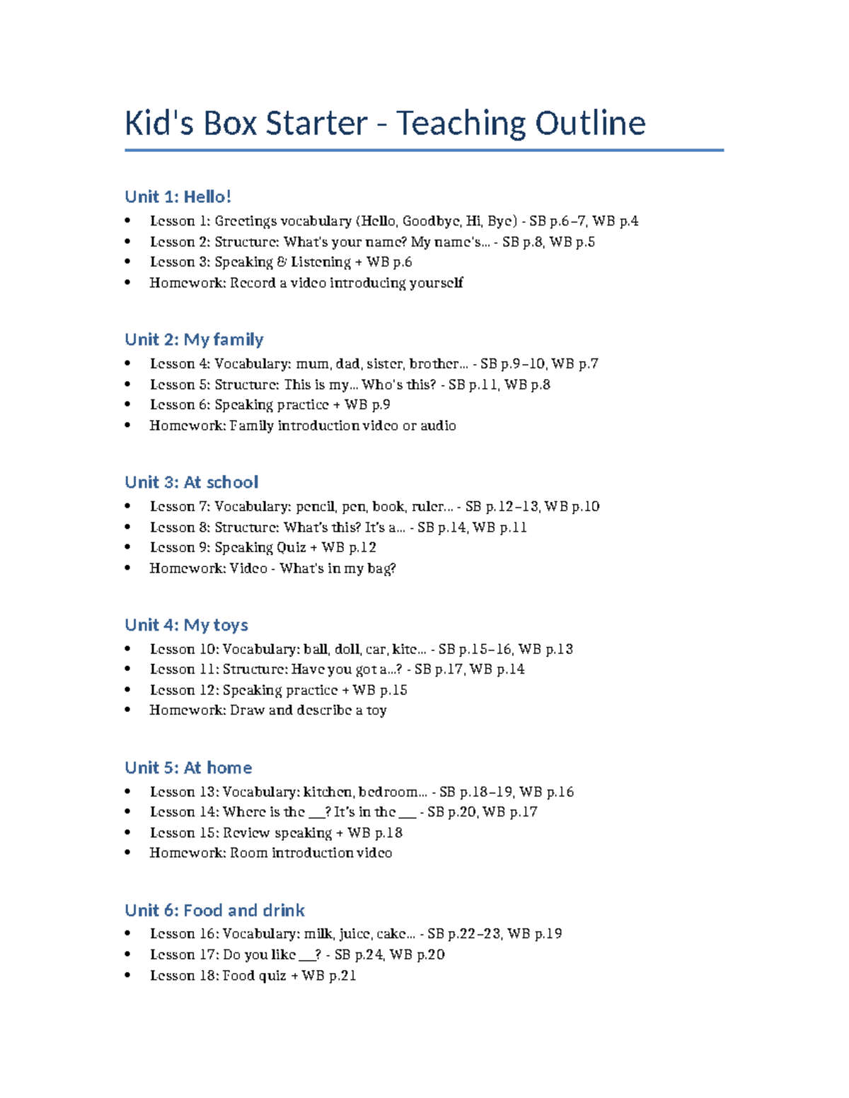 Kids Box Starter Teaching Outline: Units 1-6 Overview - Studocu