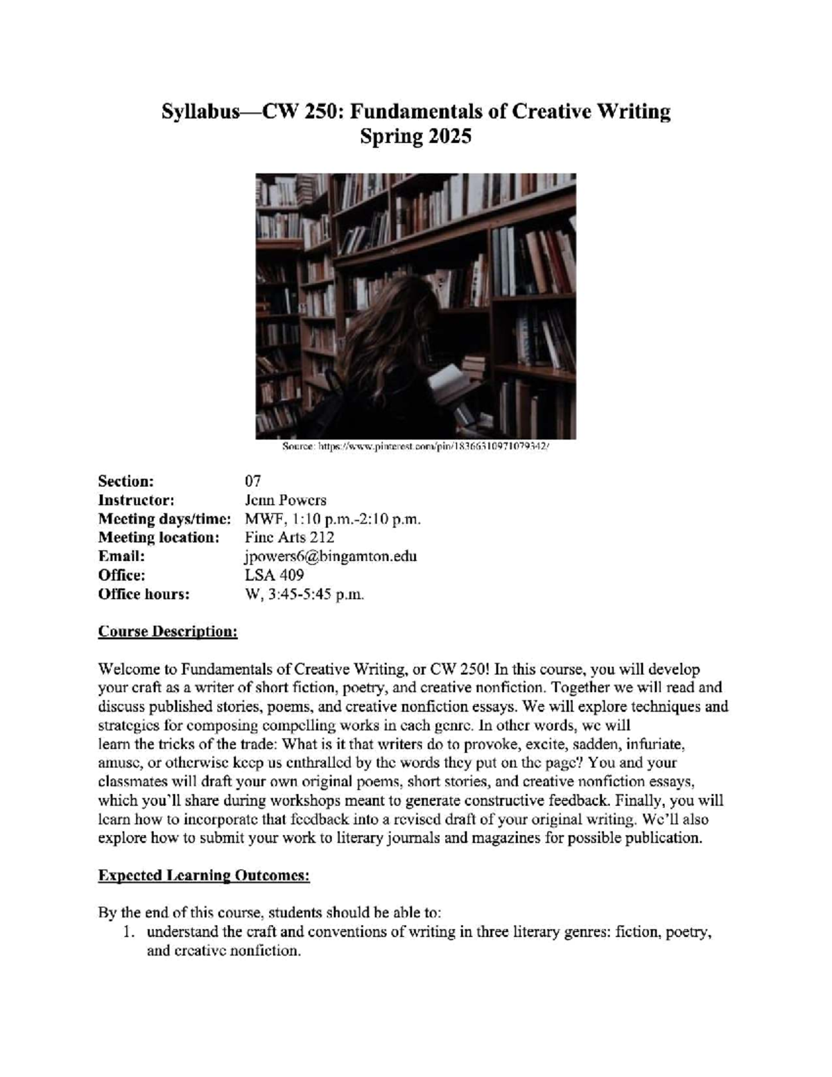 CW 250: Syllabus for Fundamentals of Creative Writing - Spring 2025 ...