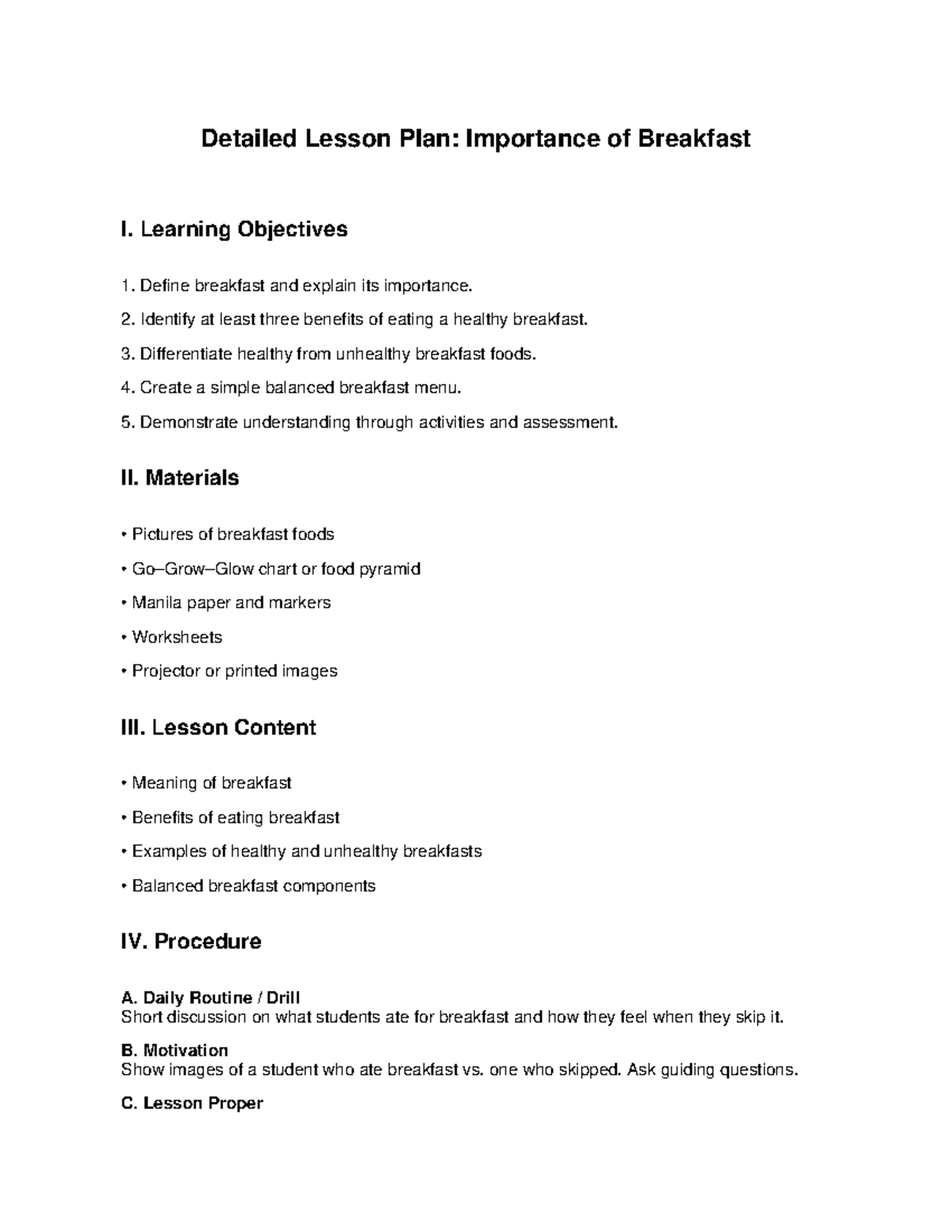 Lesson Plan: Importance of Breakfast - Learning Objectives & Activities ...