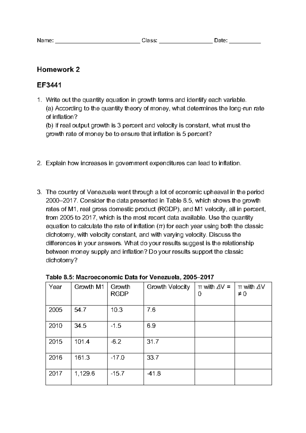 Homework 2 Answers for EF3441: Inflation & Economic Analysis - Studocu
