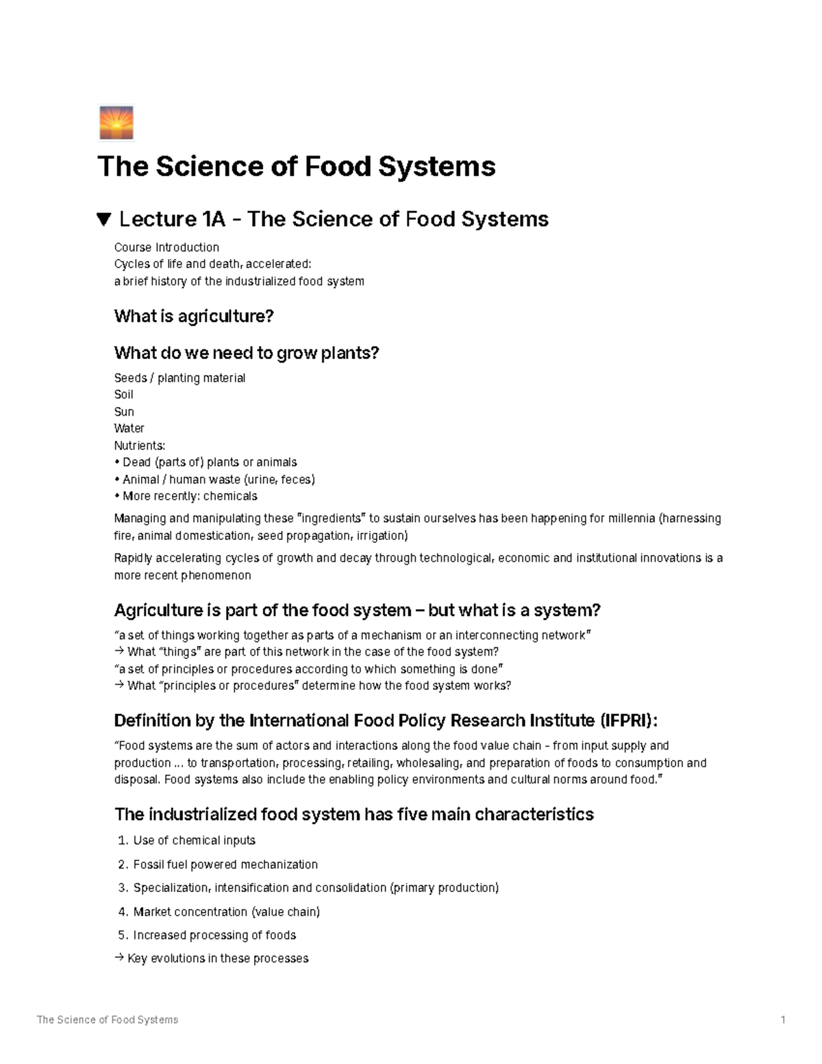 The Science of Food Systems Lecture 1A: Course Introduction and Key ...