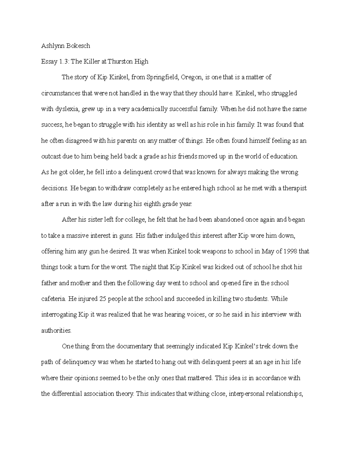 Essay 1: Analyzing the Tragedy of Kip Kinkel at Thurston High - Studocu