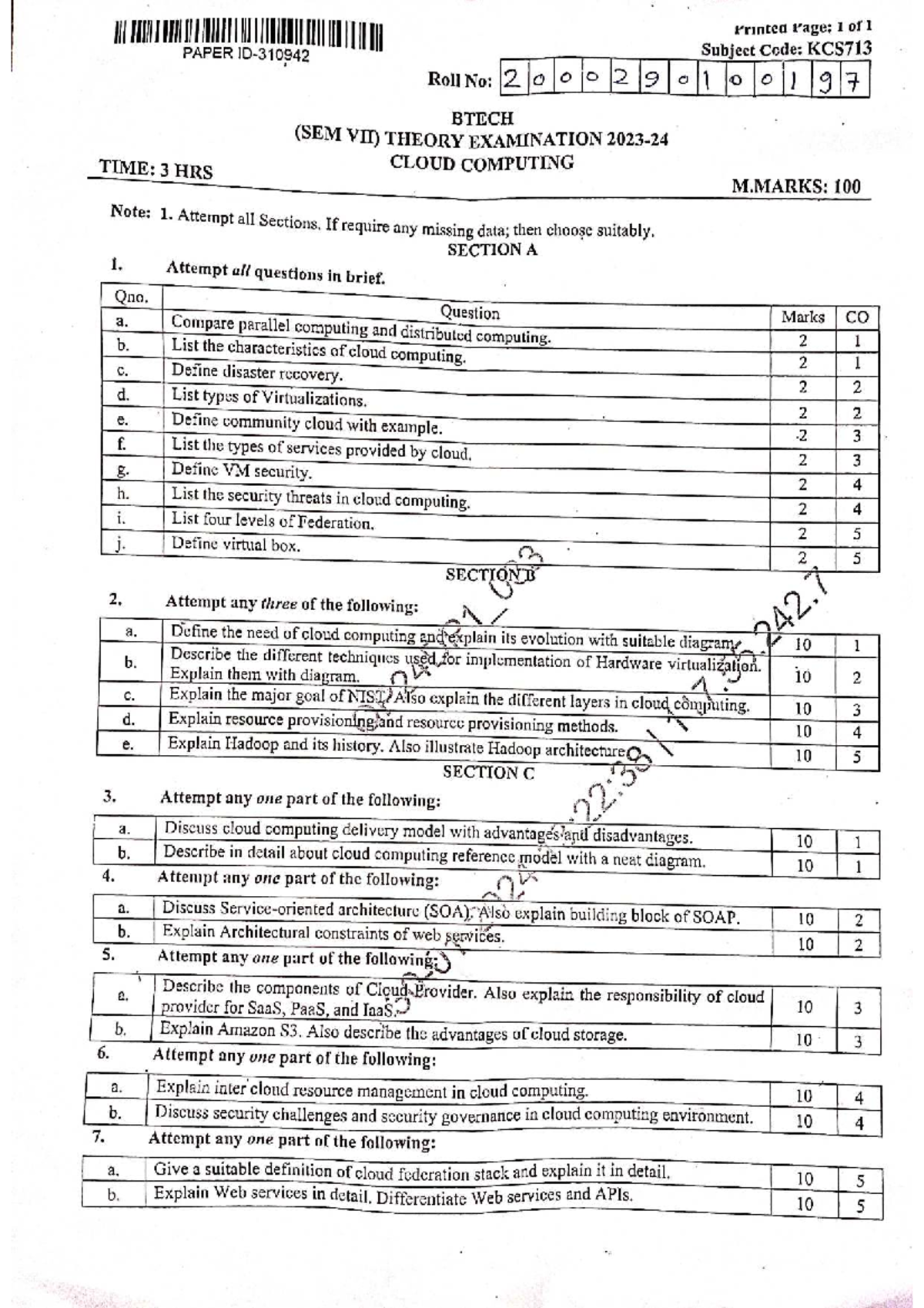 KCS713 Cloud Computing Previous Year Question Paper Analysis - Studocu