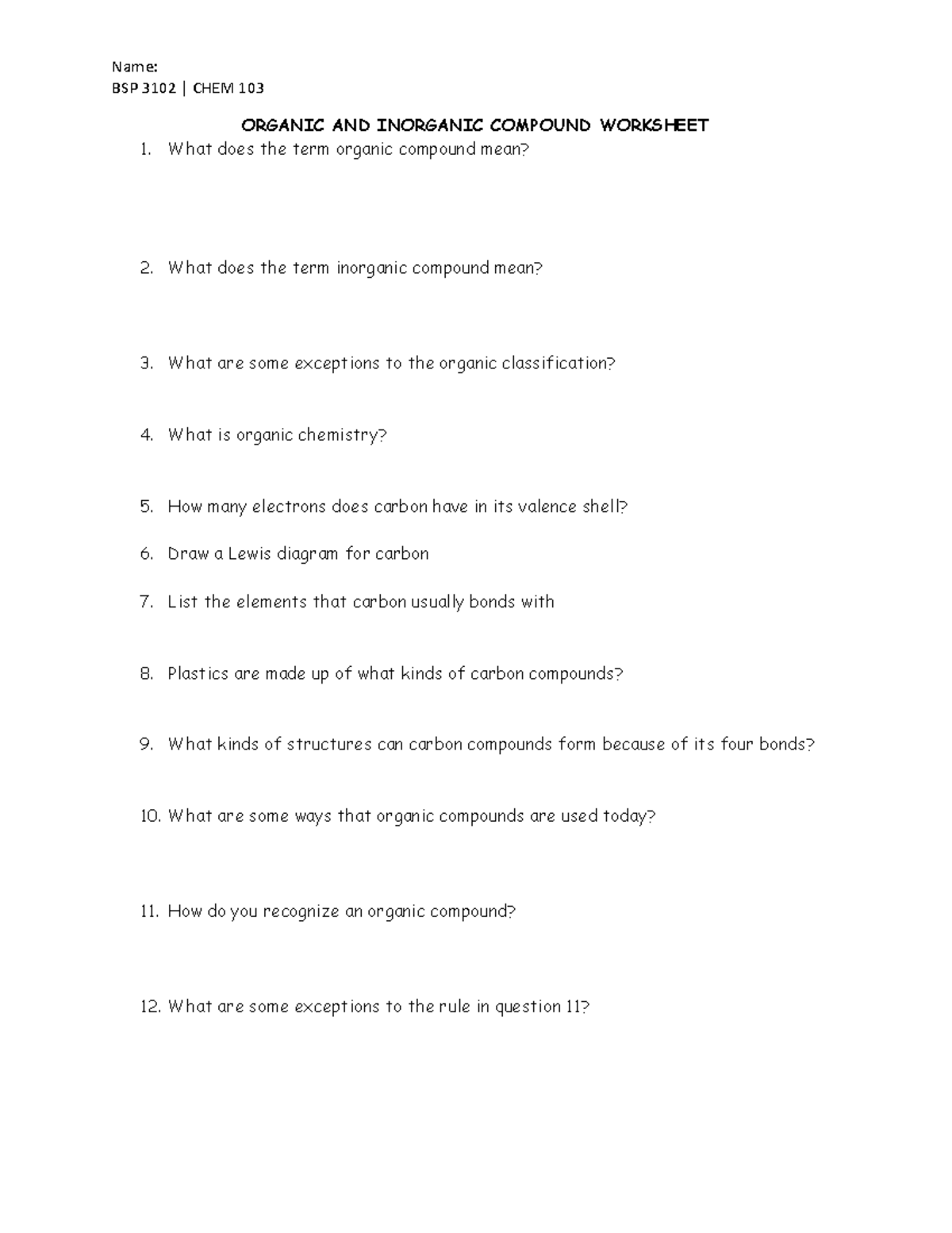 Organic AND Inorganic Compound Worksheet - Name: BSP 3102 | CHEM 103 ...