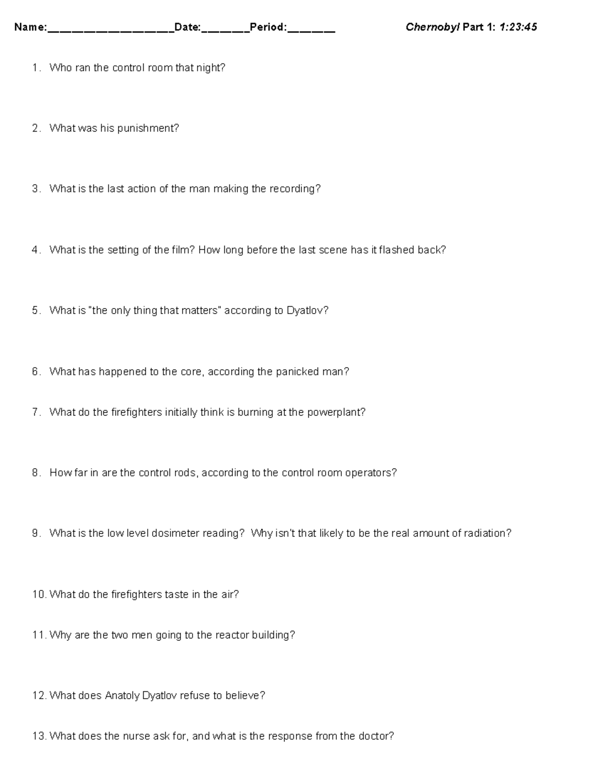 Chernobyl Mini Series - Episode 1 - Student Questions Worksheet - Studocu