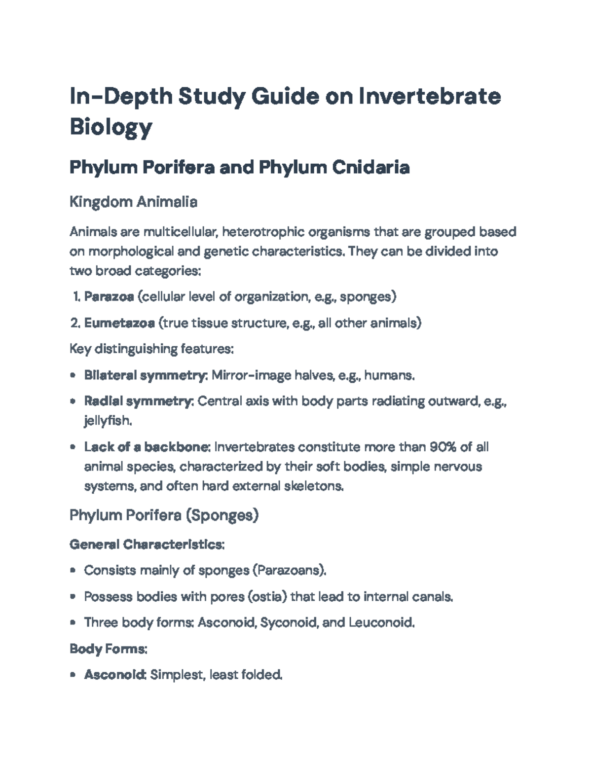 In-Depth Study Guide: Invertebrate Biology (Phyla Porifera & Cnidaria) - In-Depth Study Guide on ...