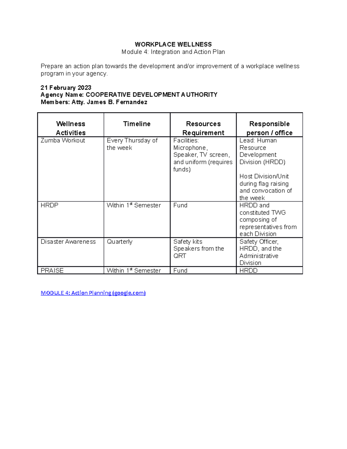 Action PLAN - Workplace Wellness - WORKPLACE WELLNESS Module 4 ...