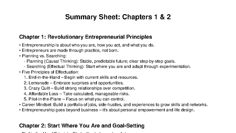 Entrepreneurship Principles Summary: Chapters 1 & 2 Insights - Studocu