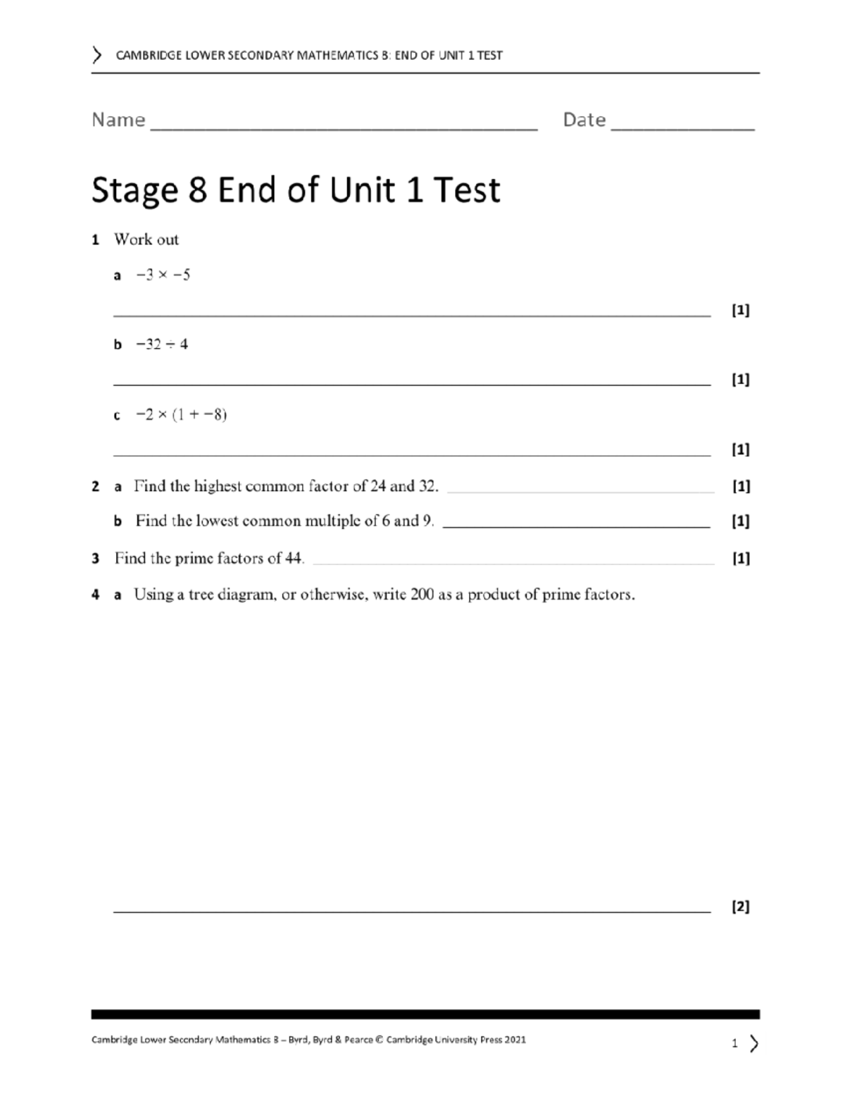 Stage 8 Cambridge Lower Secondary Maths Unit 1 Test: Integers - Studocu