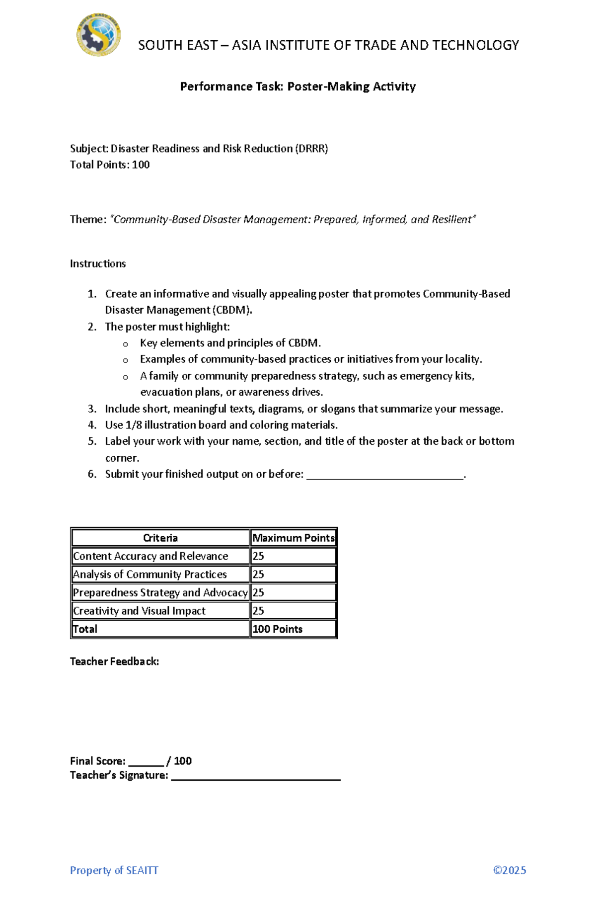 DRRR - PETA Option 1: Disaster Management Poster Project - Studocu