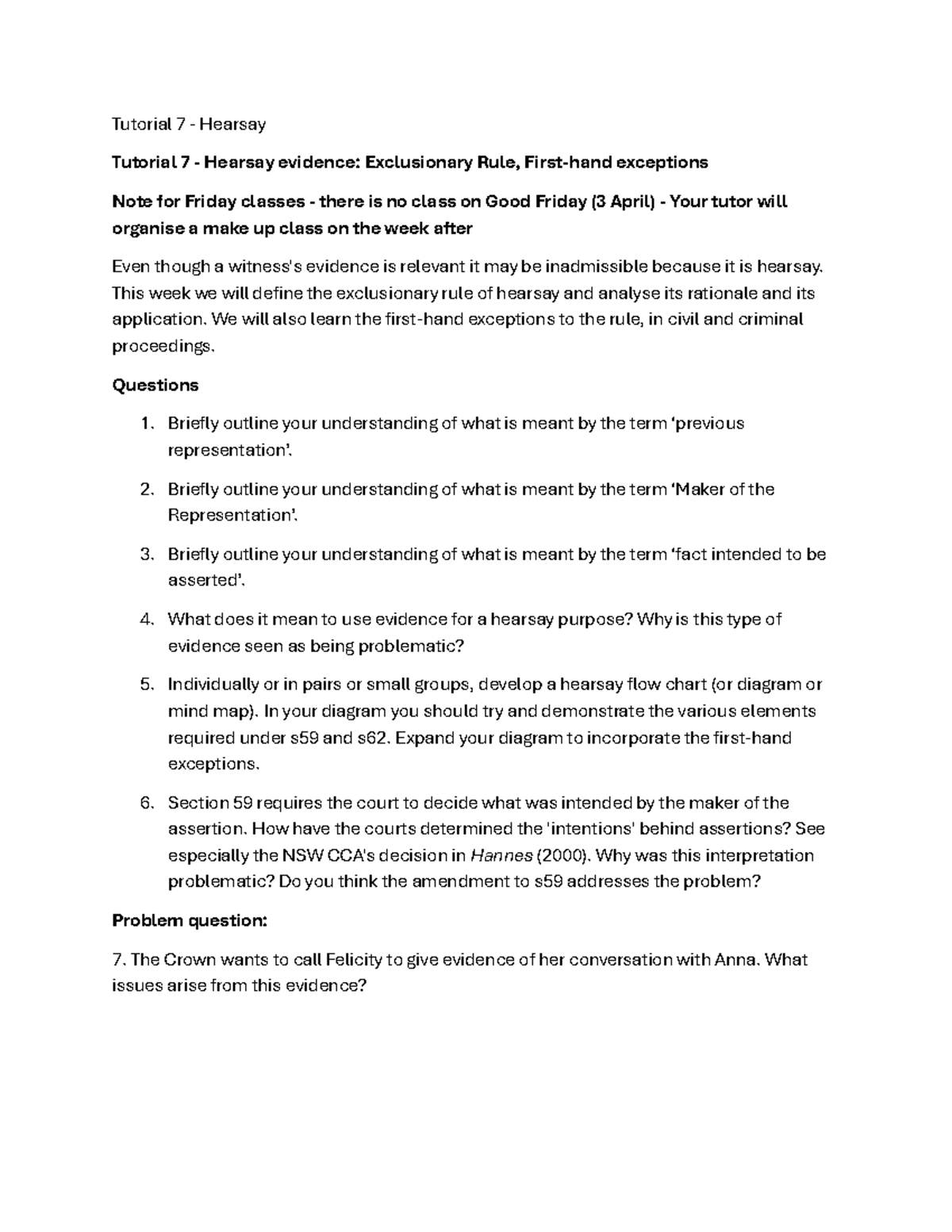 Tutorial 7: Hearsay Evidence - Exclusionary Rule & Exceptions - Studocu