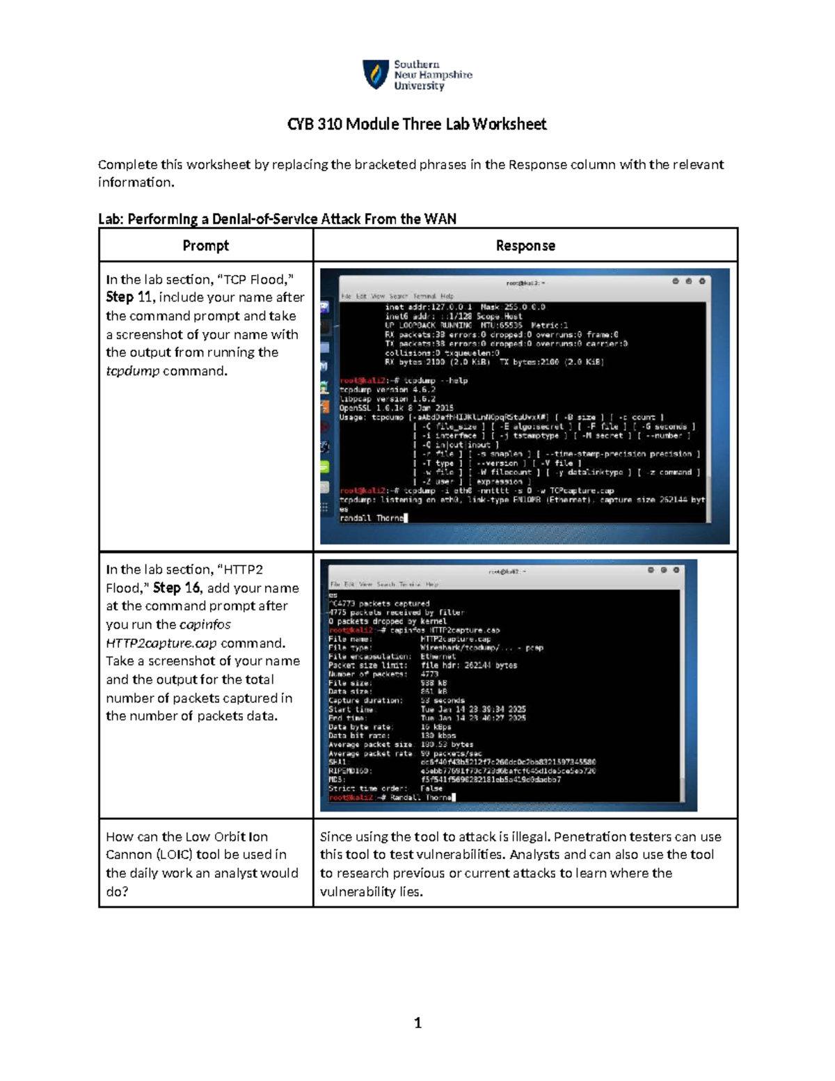 CYB 310 Module 3 Lab Worksheet: LOIC Tool & NAT Implementation - Studocu
