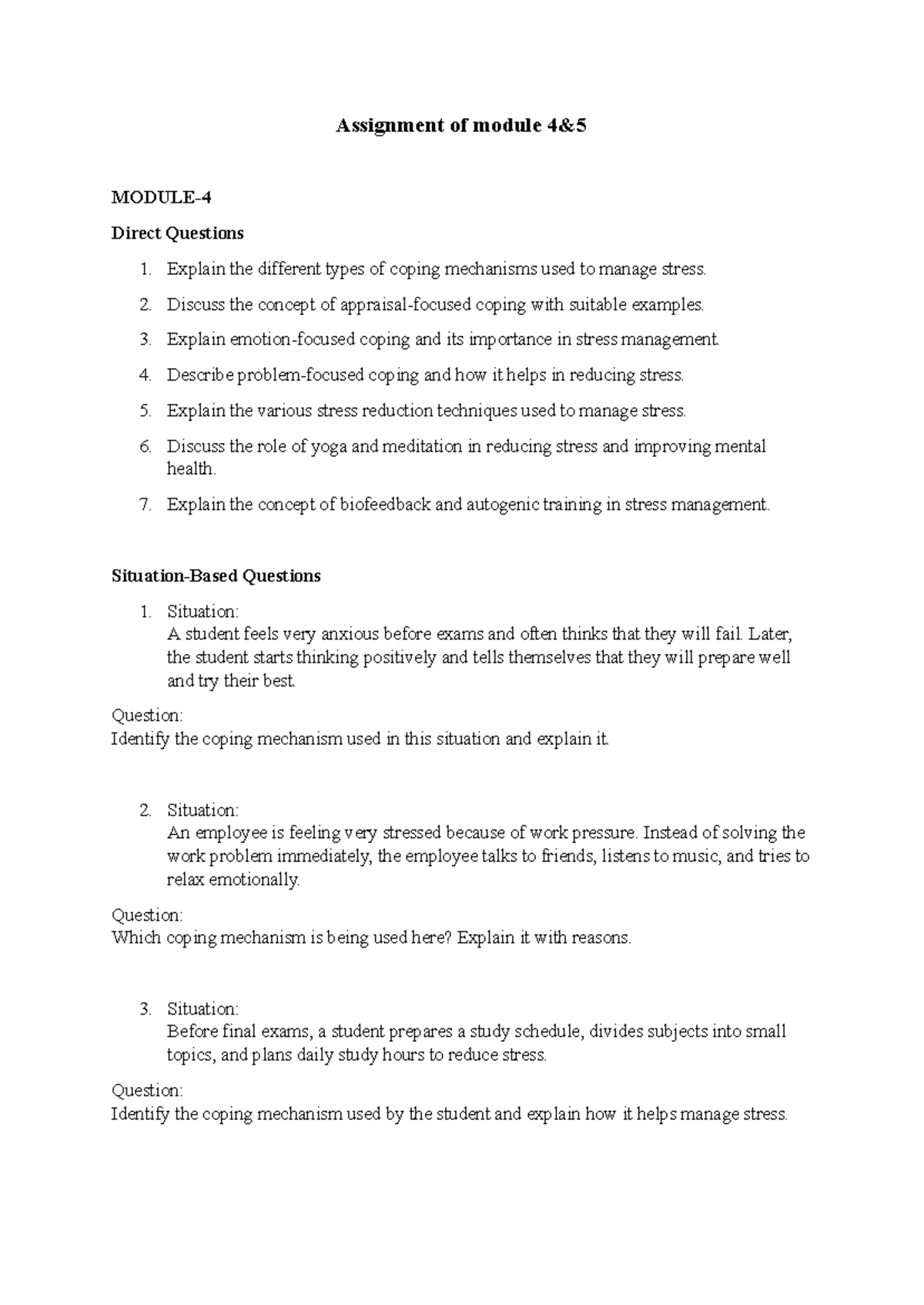 SM Assignment of Module 4 & 5: Coping Mechanisms & Stress Management ...