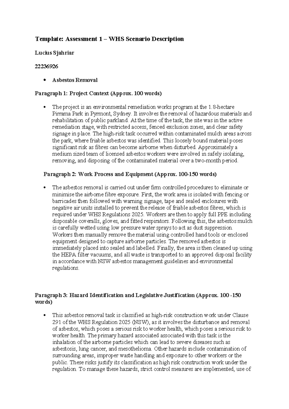 WHS Assessment 1: Asbestos Removal Project Overview and Safety Measures ...