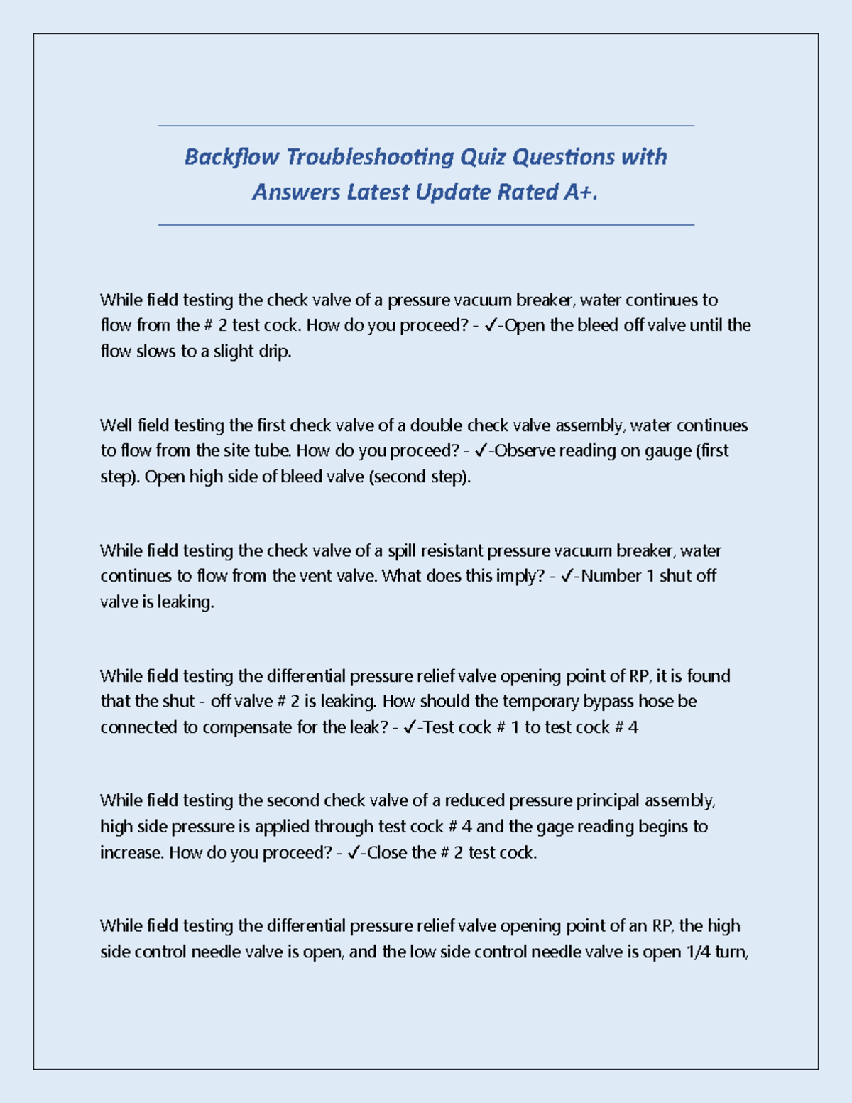 Backflow Troubleshooting Quiz Q&A (Course Code: BFT-101) - Studocu