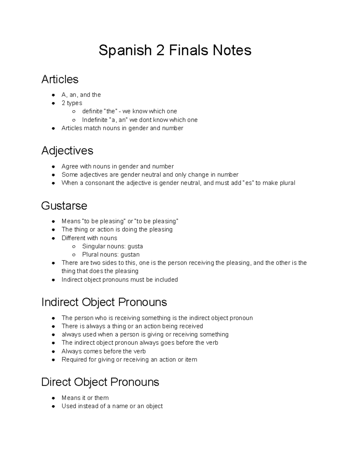 Spanish 2 Final Exam Notes: Articles, Adjectives, and Pronouns ...