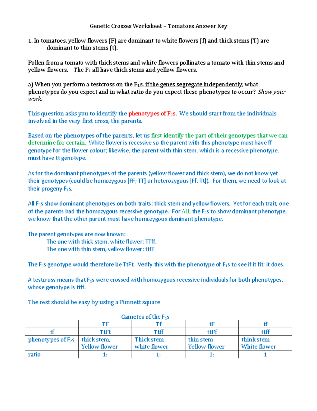 Worksheet #4 - Genetic Crosses in Tomatoes: Answer Key - Studocu