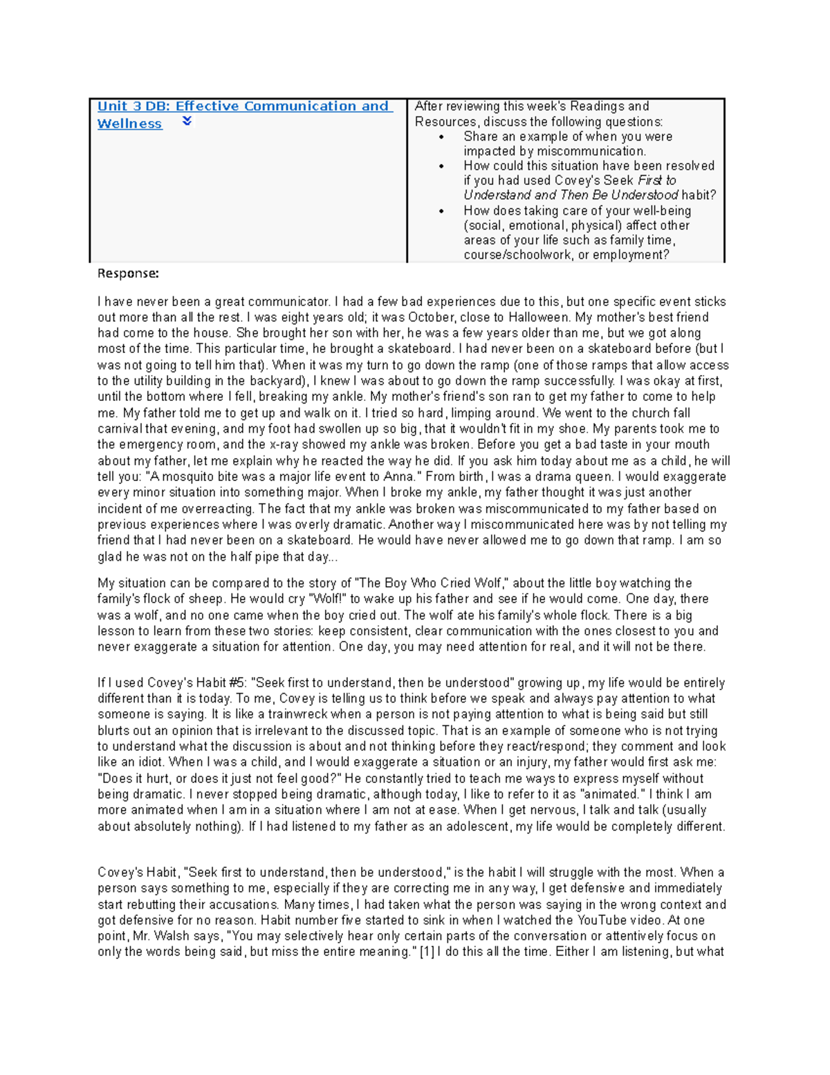 CTC101 Unit 3 DB: Insights on Miscommunication & Wellness - Studocu