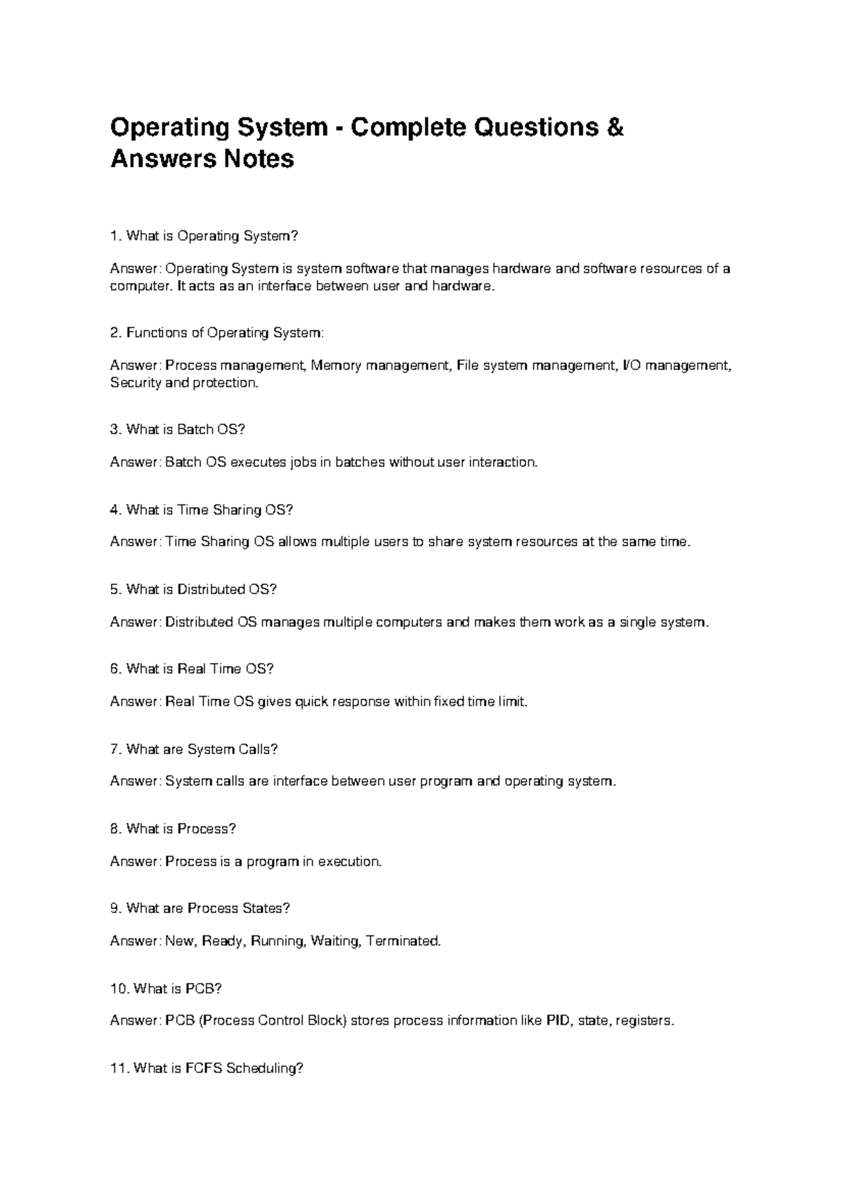 Operating System (OS) Complete Q&A Notes for Study - Studocu