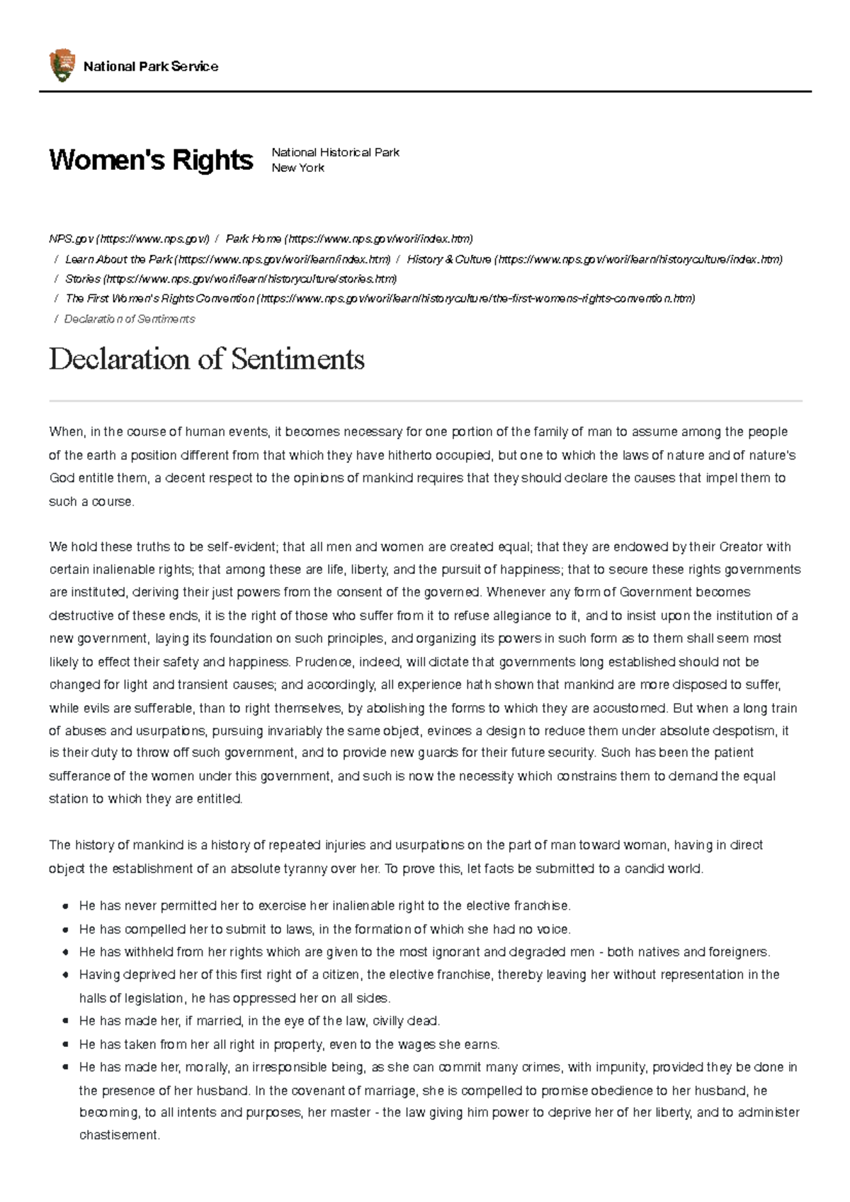 Declaration of Sentiments: Women's Rights Convention 1848 (WORI) - Studocu
