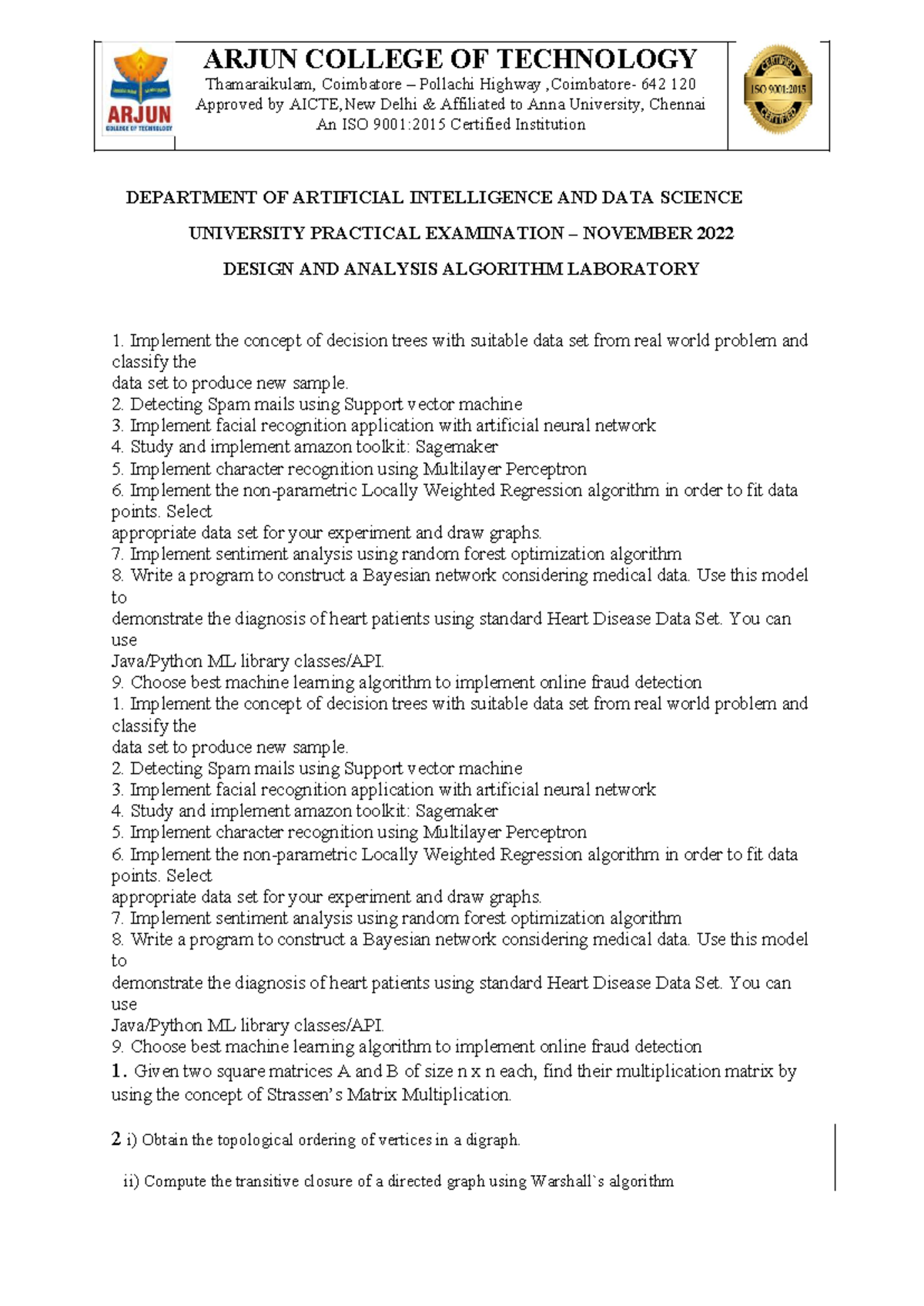 University Practical Examination DAA - November 2022 - Studocu