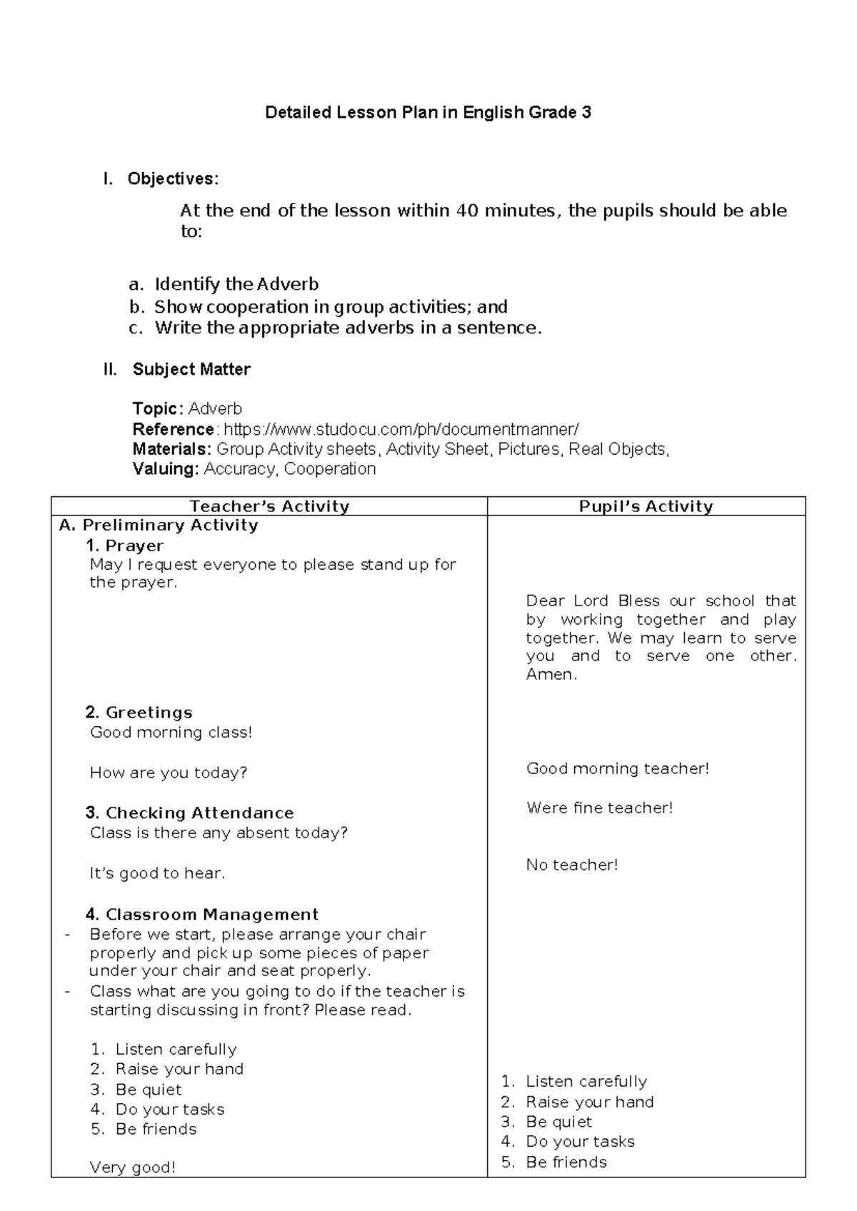 Grade 3 Adverbs Lesson Plan - English Language Instruction - Studocu