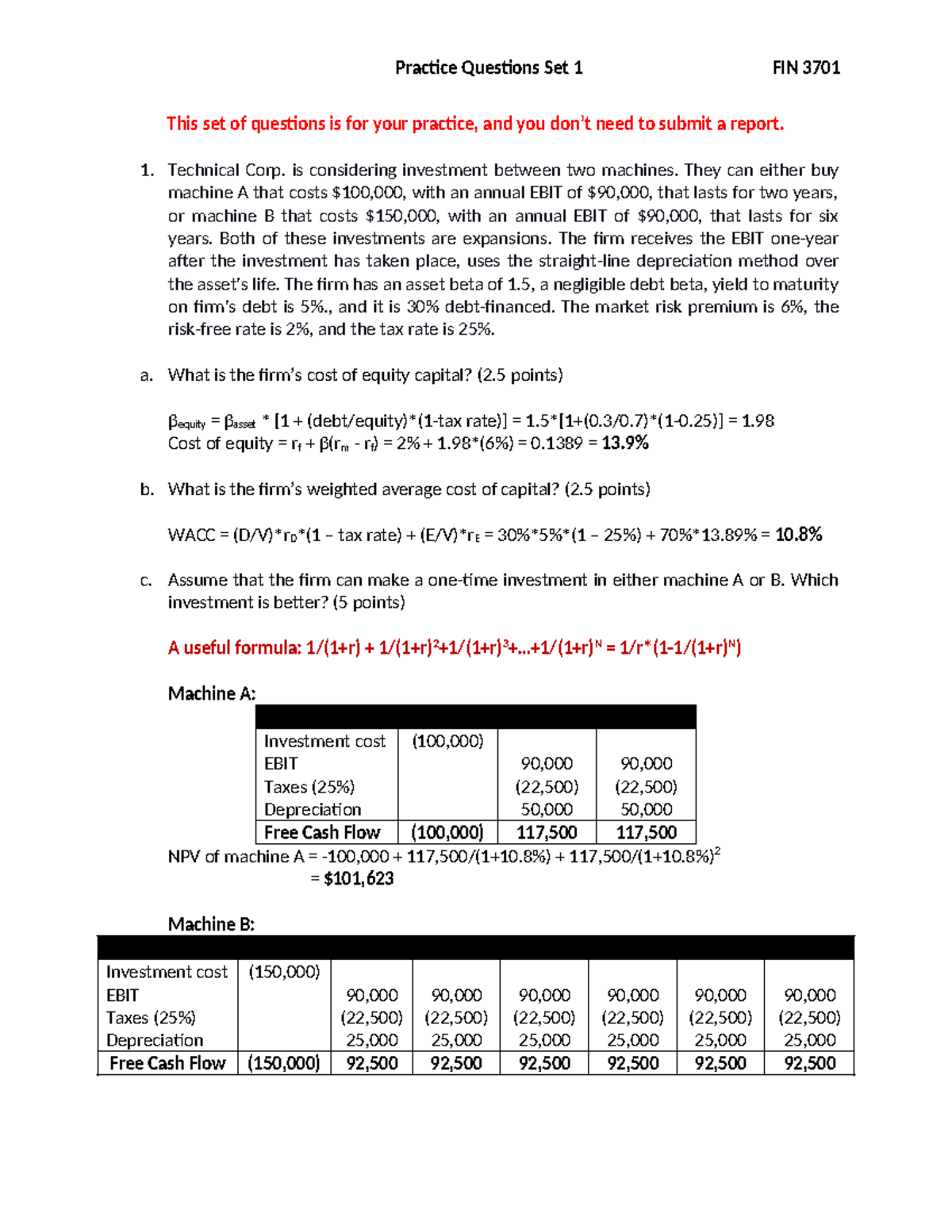 Practice Questions Set 1 FIN 3701: Investment Analysis and NPV ...