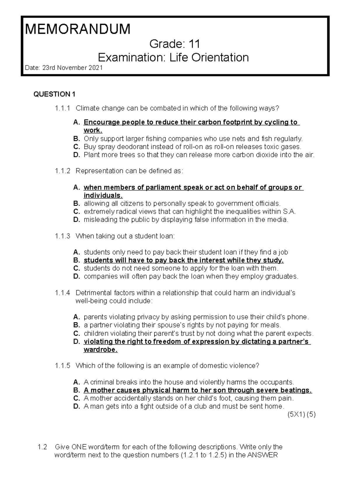 Life Orientation Gr 11 Final Exam Memo 2021 - Studocu