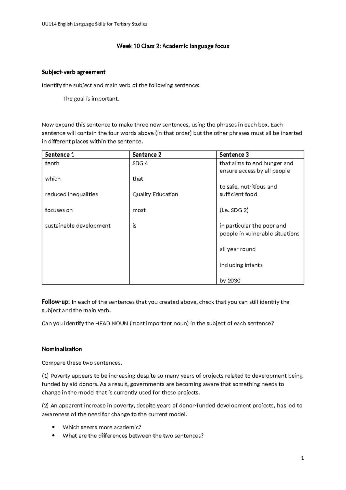 UU114 Week 10 Class 2: Academic Language Focus on Agreement and ...