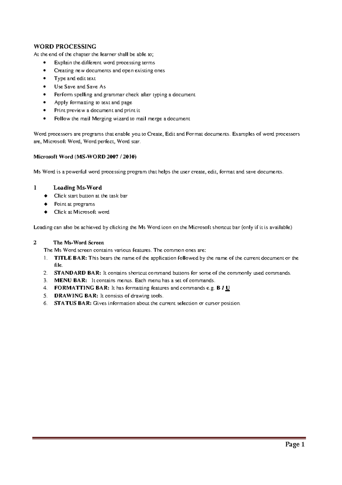 MS-WORD 2010 Lecture Notes: Word Processing Overview and Functions ...