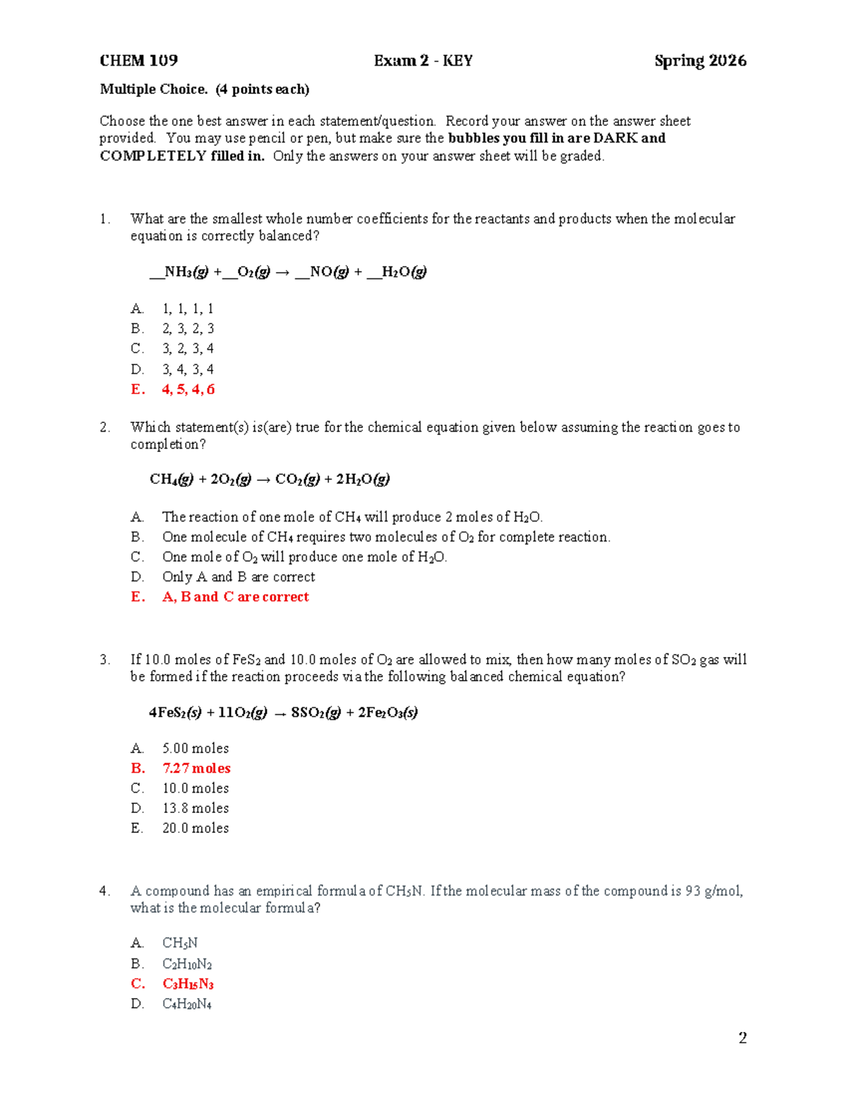CHEM 109 Exam 2 KEY Spring 2026 - Answer Key and Solutions - Studocu