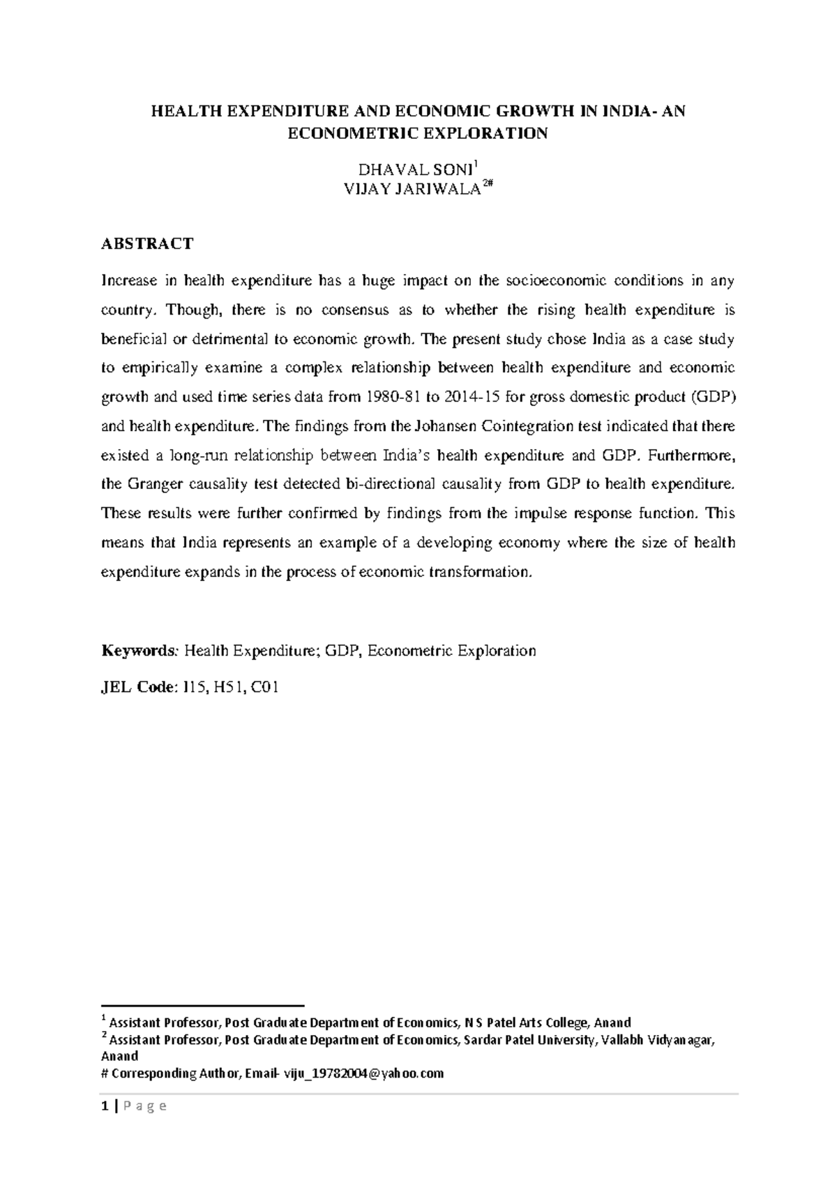 HEALTH EXPENDITURE AND ECONOMIC GROWTH IN INDIA: AN ECONOMETRIC STUDY ...