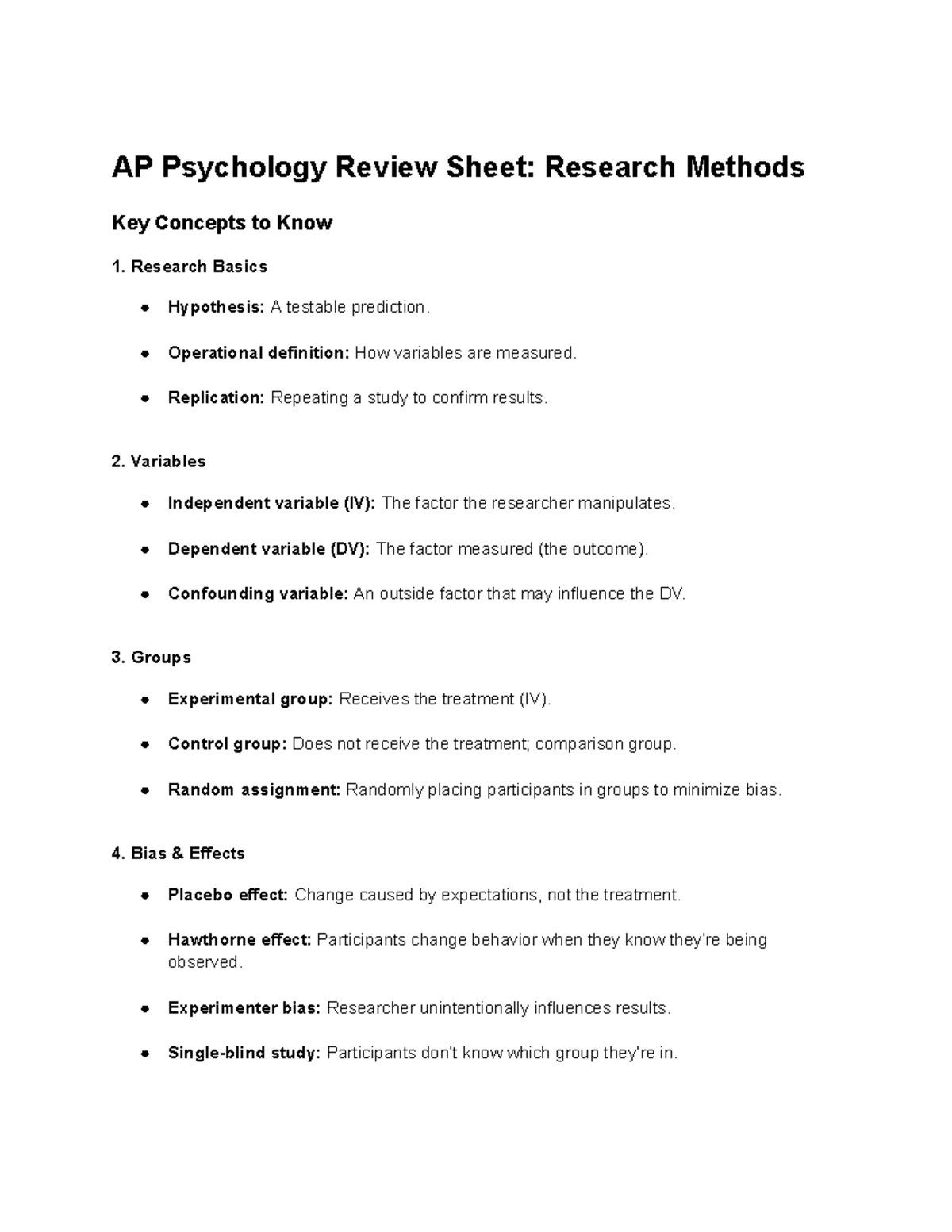 AP Psychology Review Sheet: Key Concepts in Research Methods - Studocu