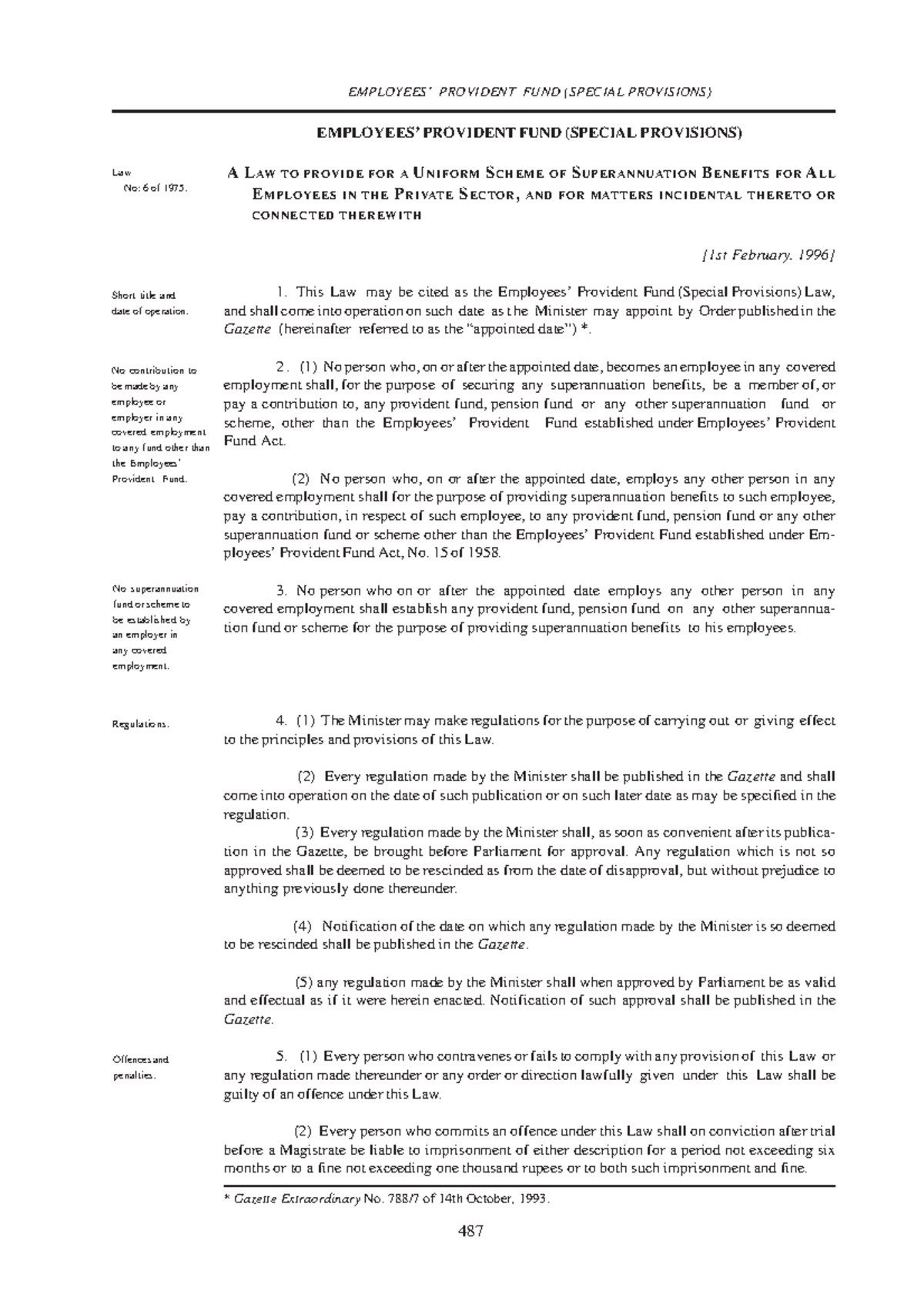 EPF Act - Special Provisions Law No. 6 of 1975 Overview - Studocu