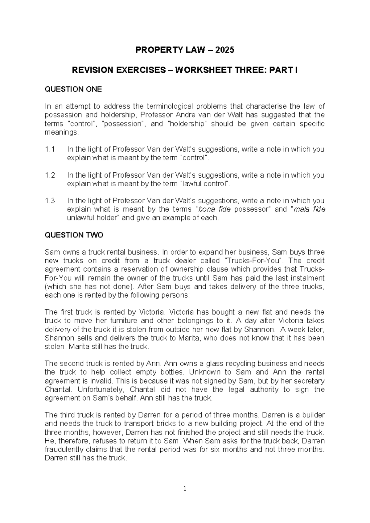 PROPERTY LAW 2025 REVISION EXERCISES: WORKSHEET THREE PART I - Studocu