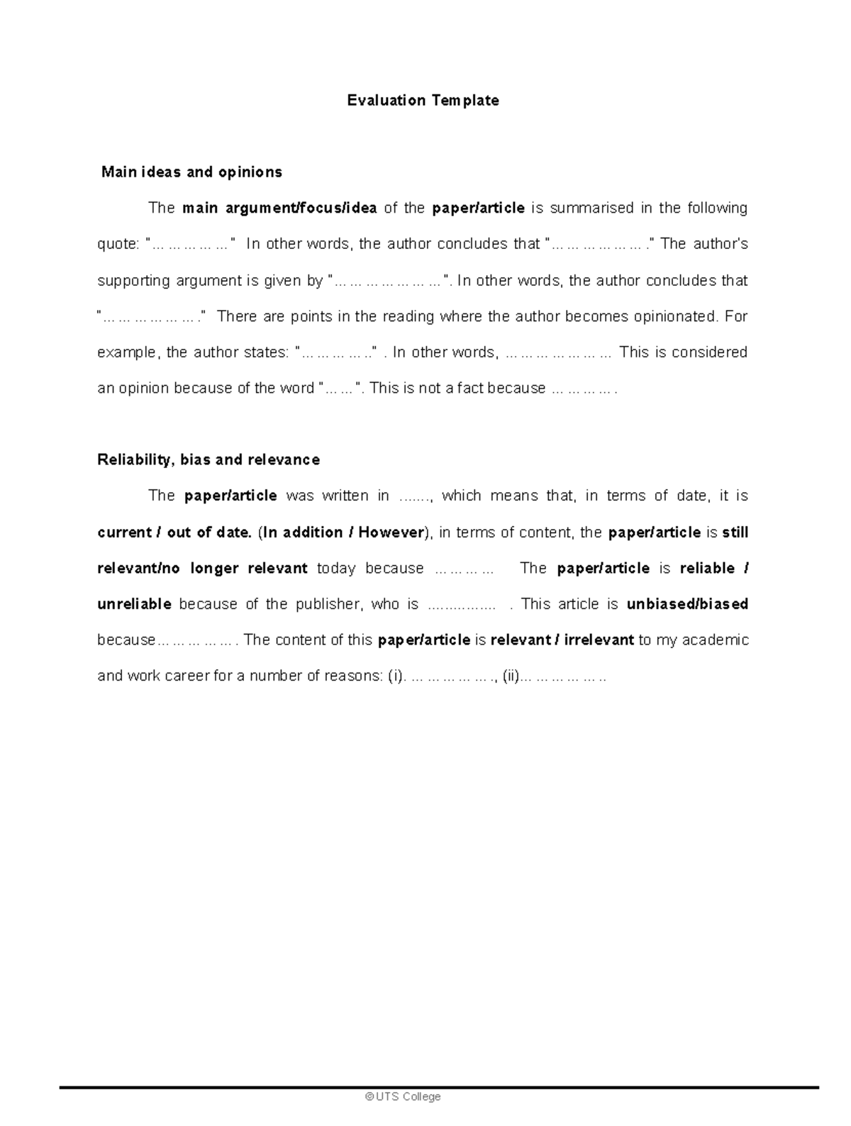 BECO011 Assessment 3A Evaluation Template Rev - © UTS College ...