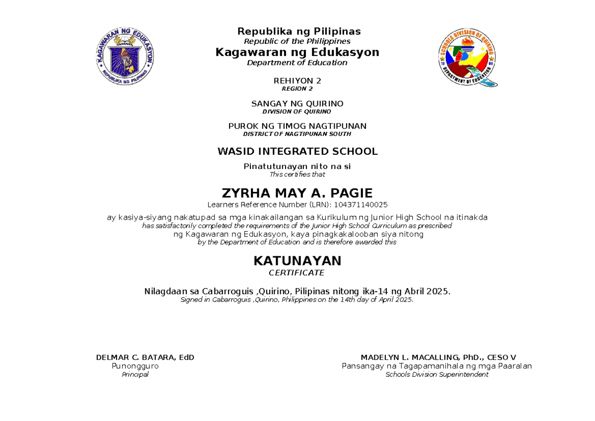 Diploma Layout 2022 NEW - Republika ng Pilipinas Republic of the ...