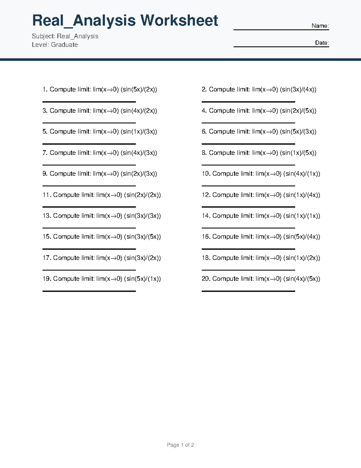 Real Analysis - Graduate Worksheet 3: Limit Computations - Studocu