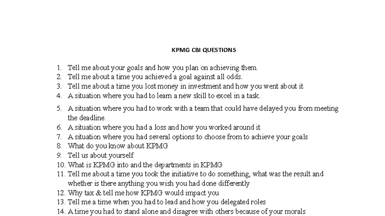 KPMG CBI Questions - Interview Prep Guide - Studocu