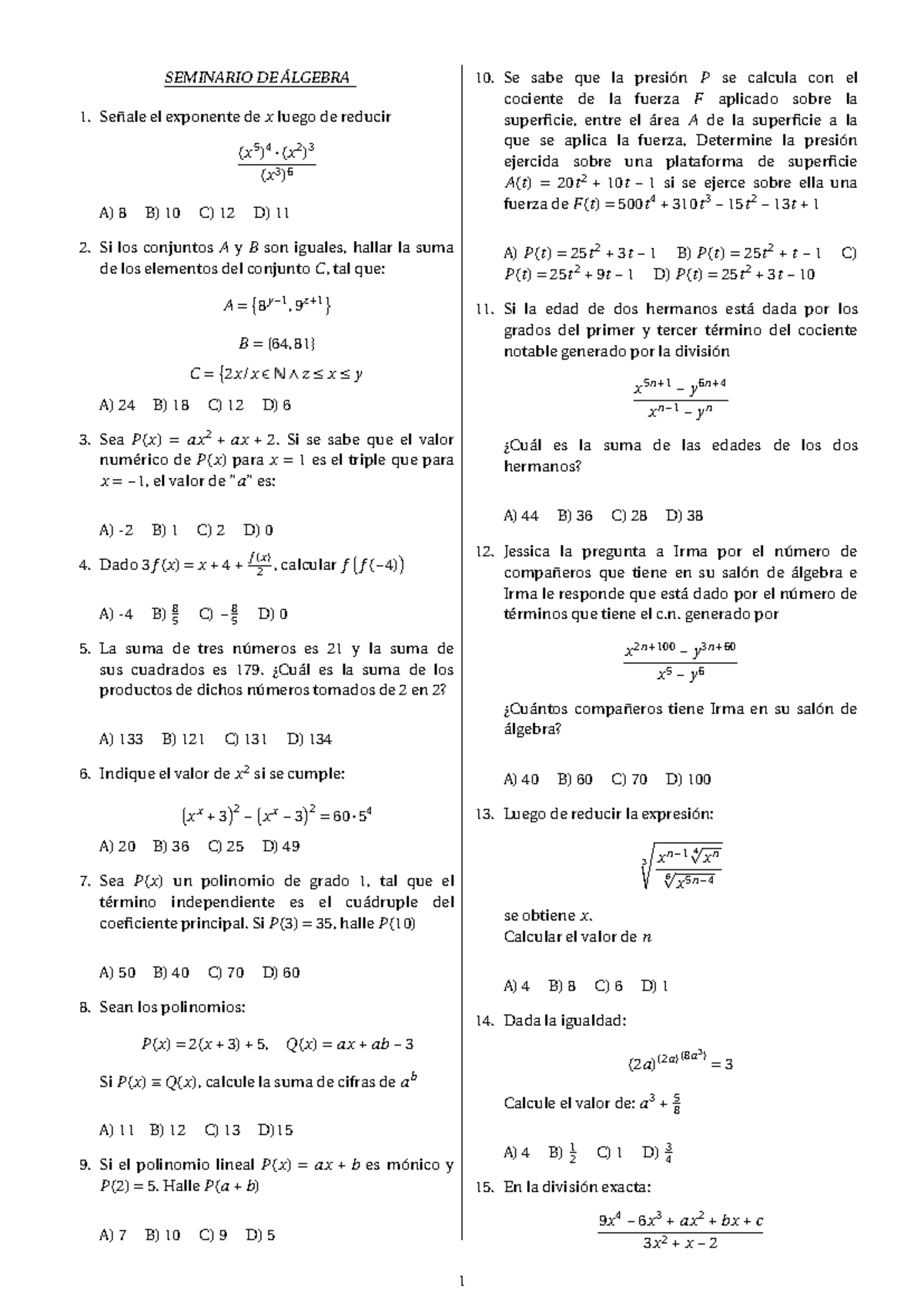 Ejercicios de Práctica de Álgebra - SEMINARIO DE ÁLGEBRA 1 - Studocu