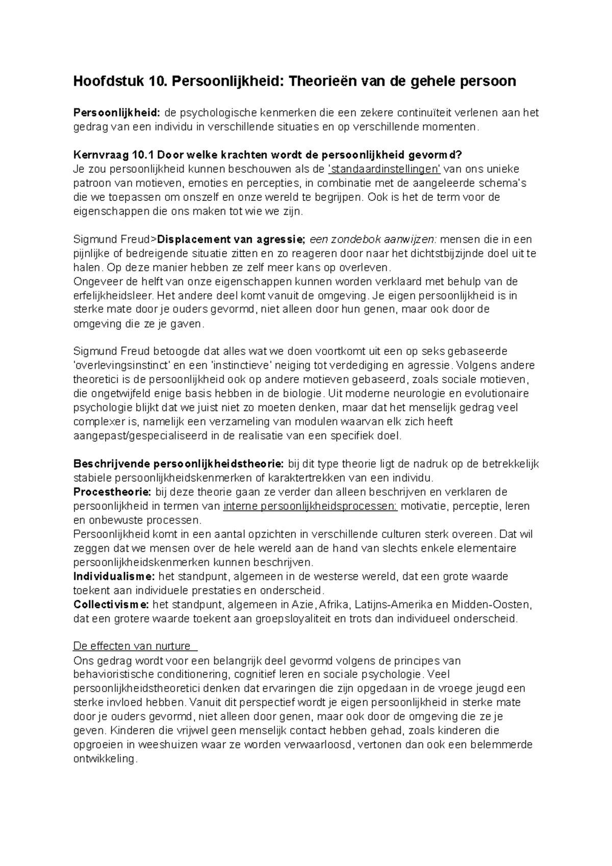 Samenvatting Psychologie H10: Persoonlijkheid en Ontwikkeling - Studeersnel