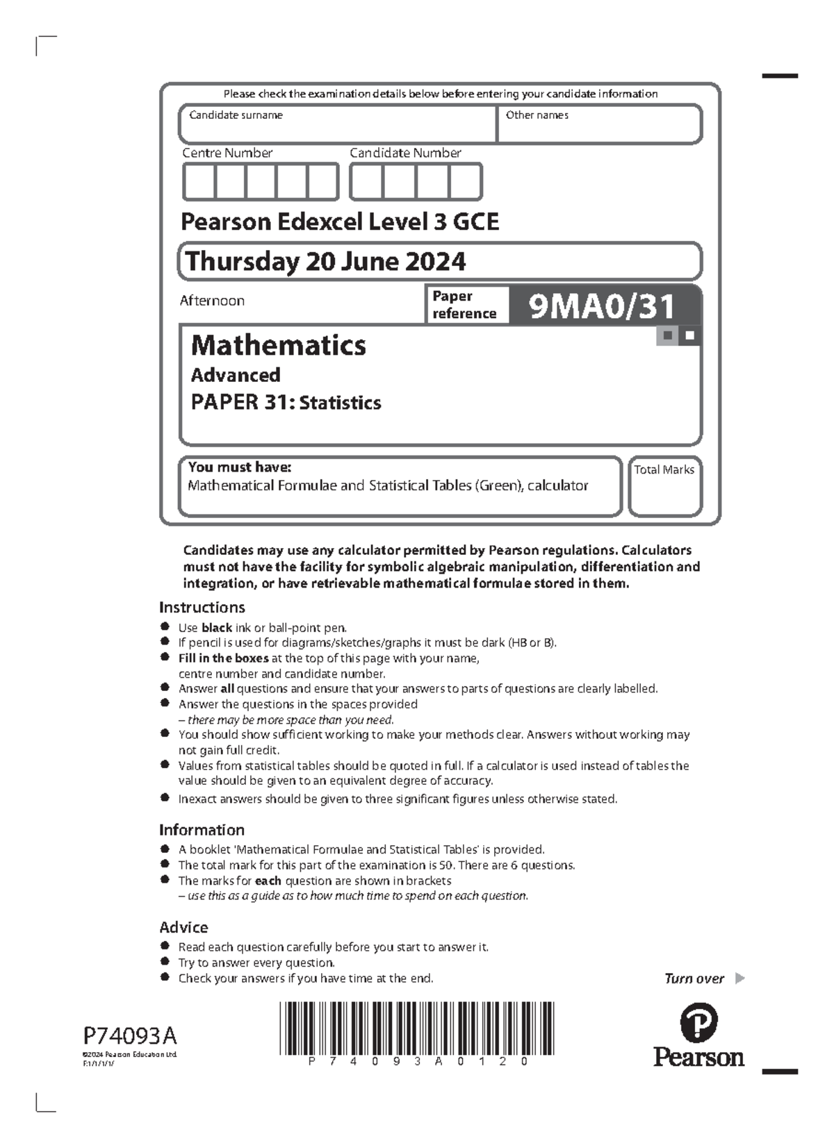 A Level Statistics 2406 9MA0-31 Exam Paper & Instructions - June 2024 ...