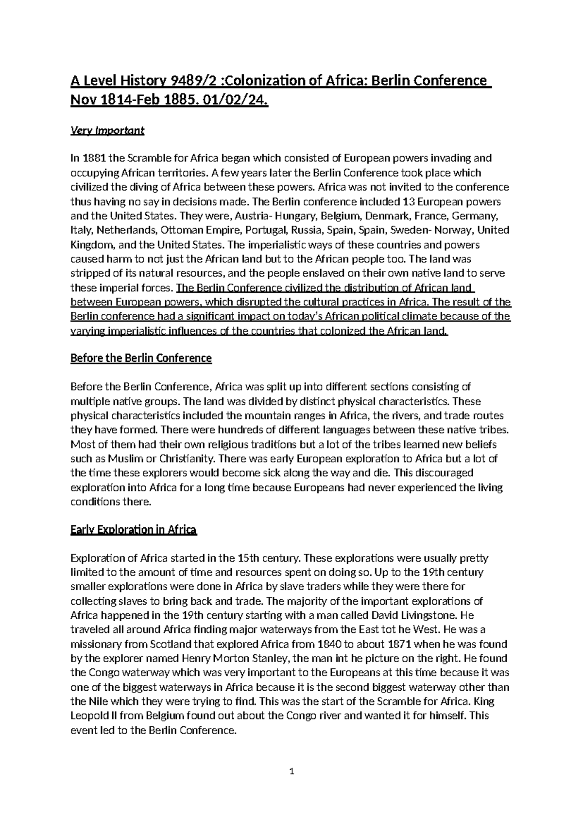 A Level History: The Berlin Conference and the Scramble for Africa ...