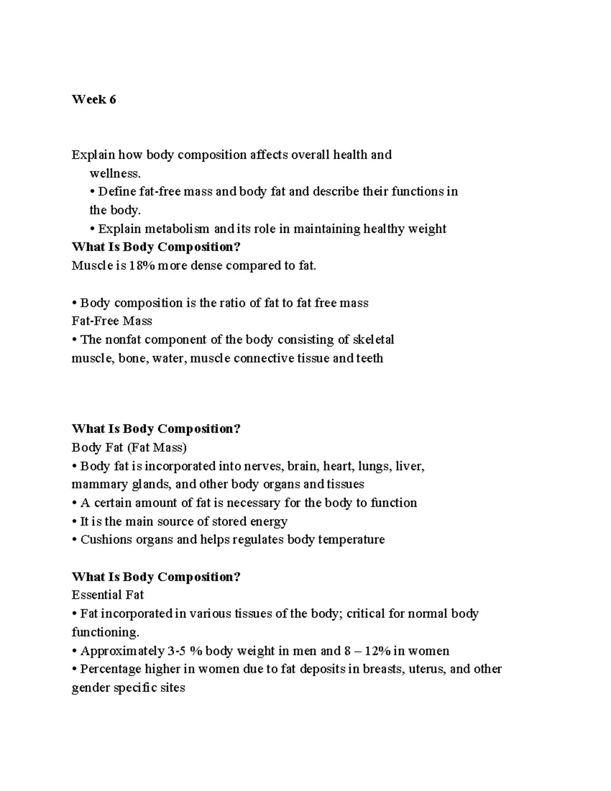 Week 6, 7 & 8 - Lecture Notes on Body Composition & Nutrition - Studocu