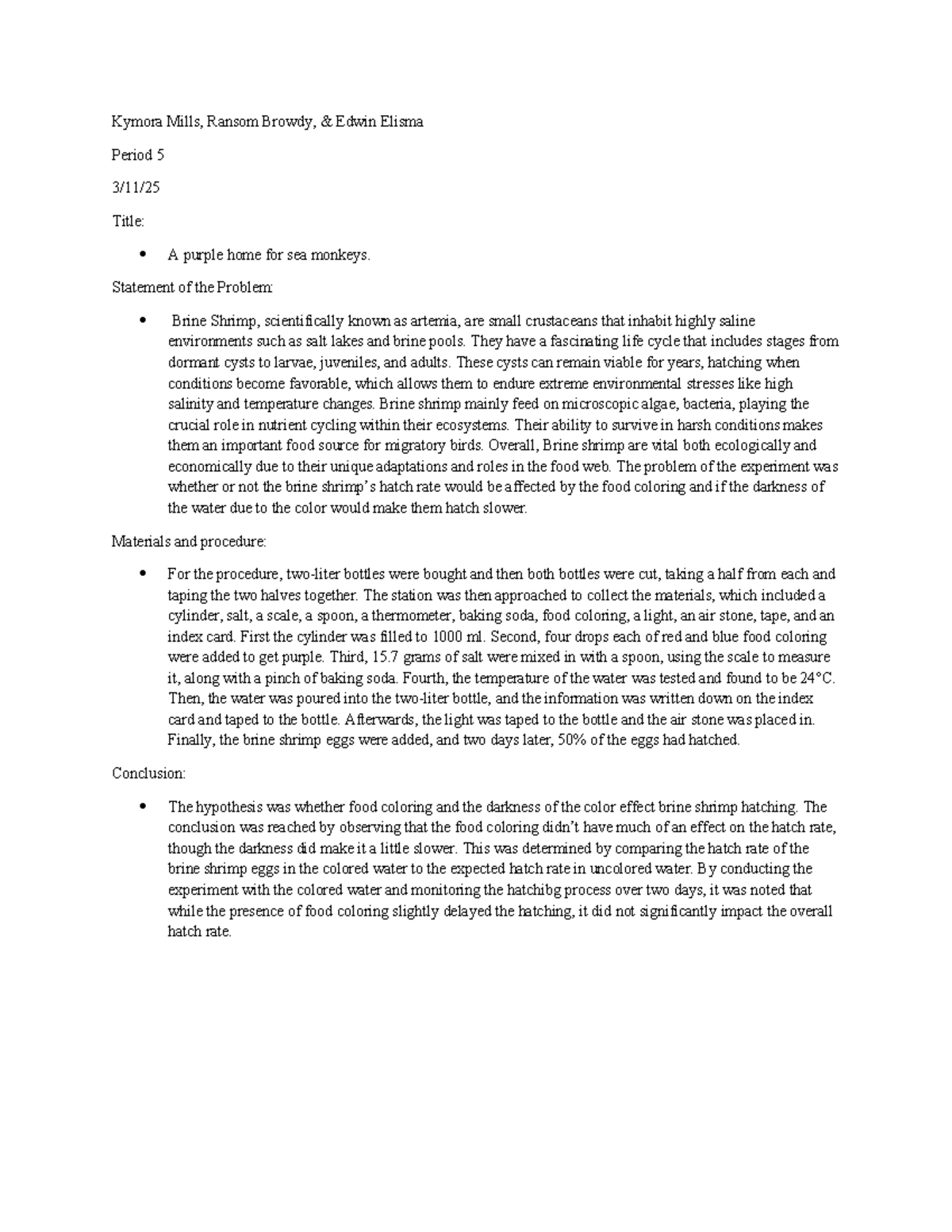 Brine Shrimp Lab Report: Effects of Food Coloring on Hatch Rate - Studocu
