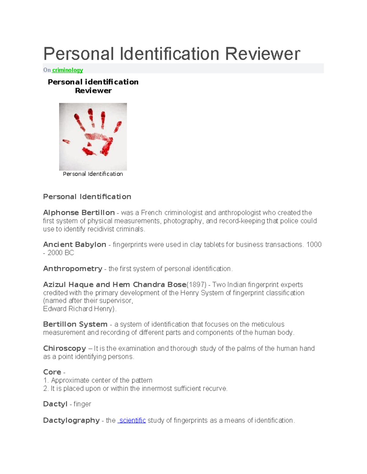 Criminology 101: Personal Identification Systems Overview - Studocu