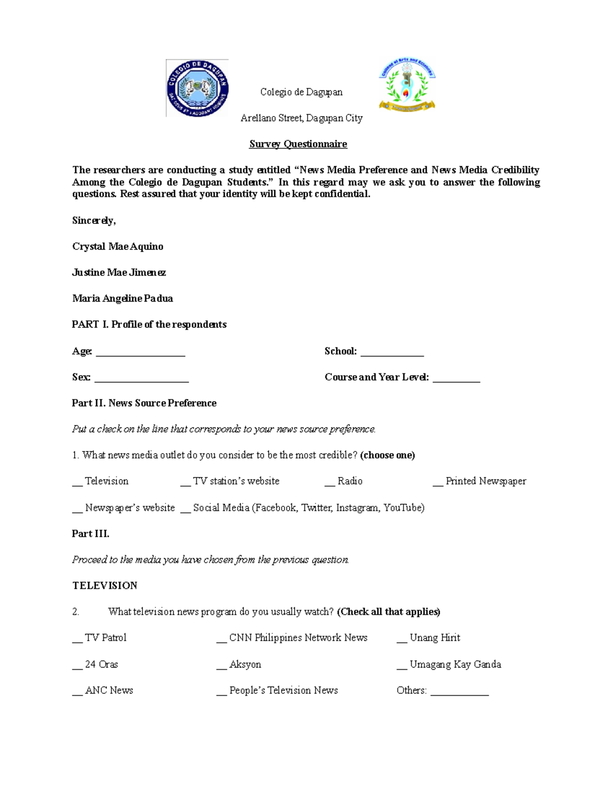 Survey Questionnaire - The researchers are conducting a study entitled ...