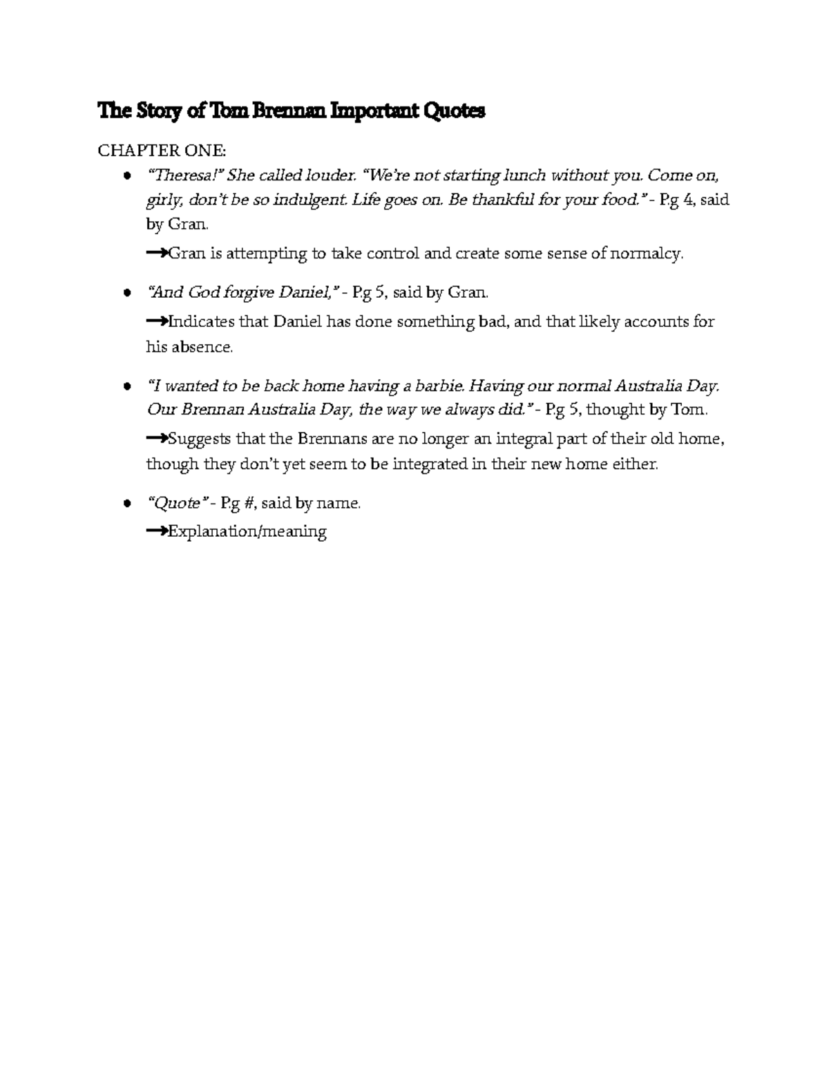 The Story of Tom Brennan: Key Quotes from Chapters 1-2 - Studocu