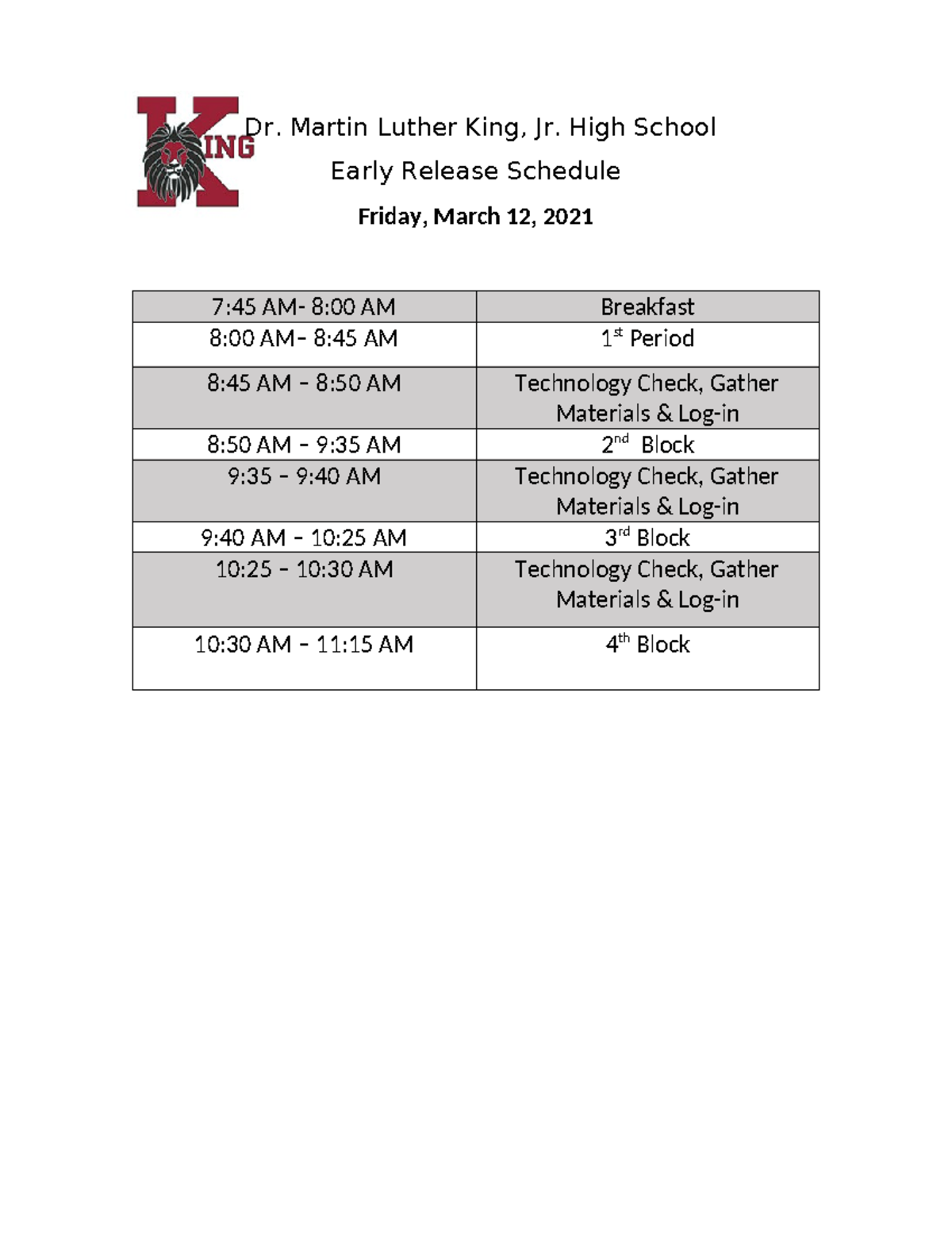 Early Release Schedule- 3-12-21 - Dr. Martin Luther King, Jr. High ...
