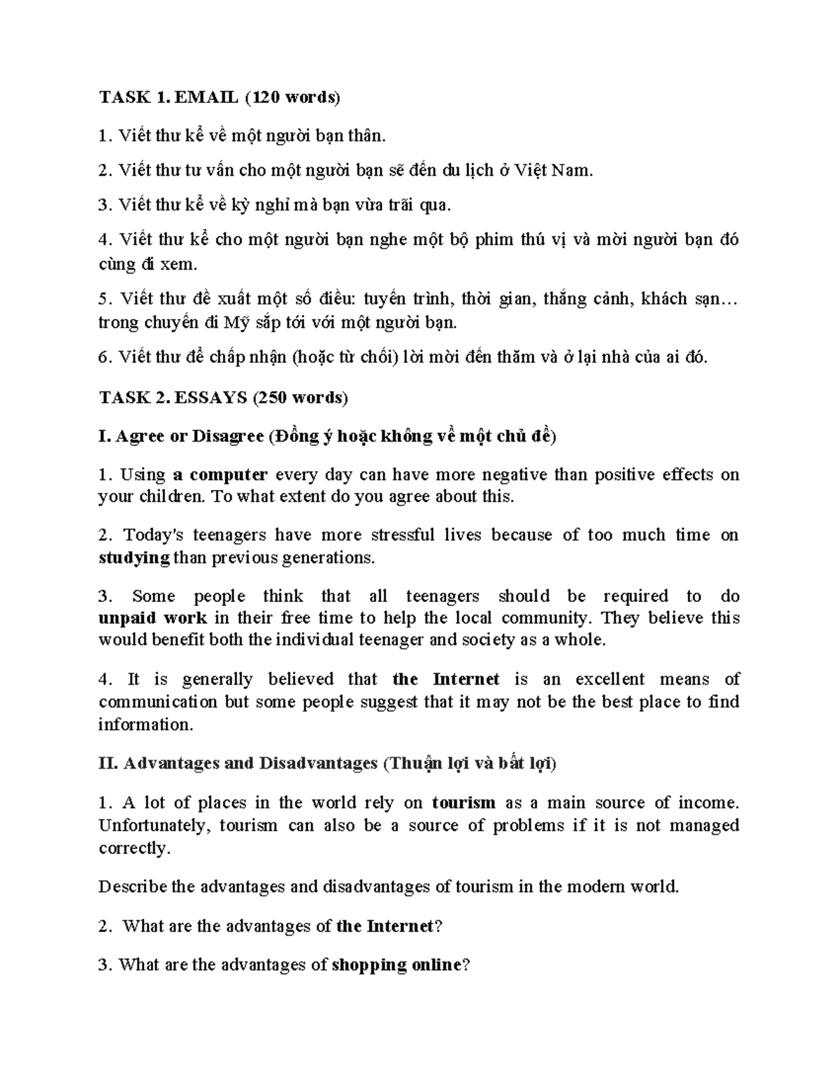 Writing Topics: TASK 1 & 2 - Email & Essay Guidelines - Studocu
